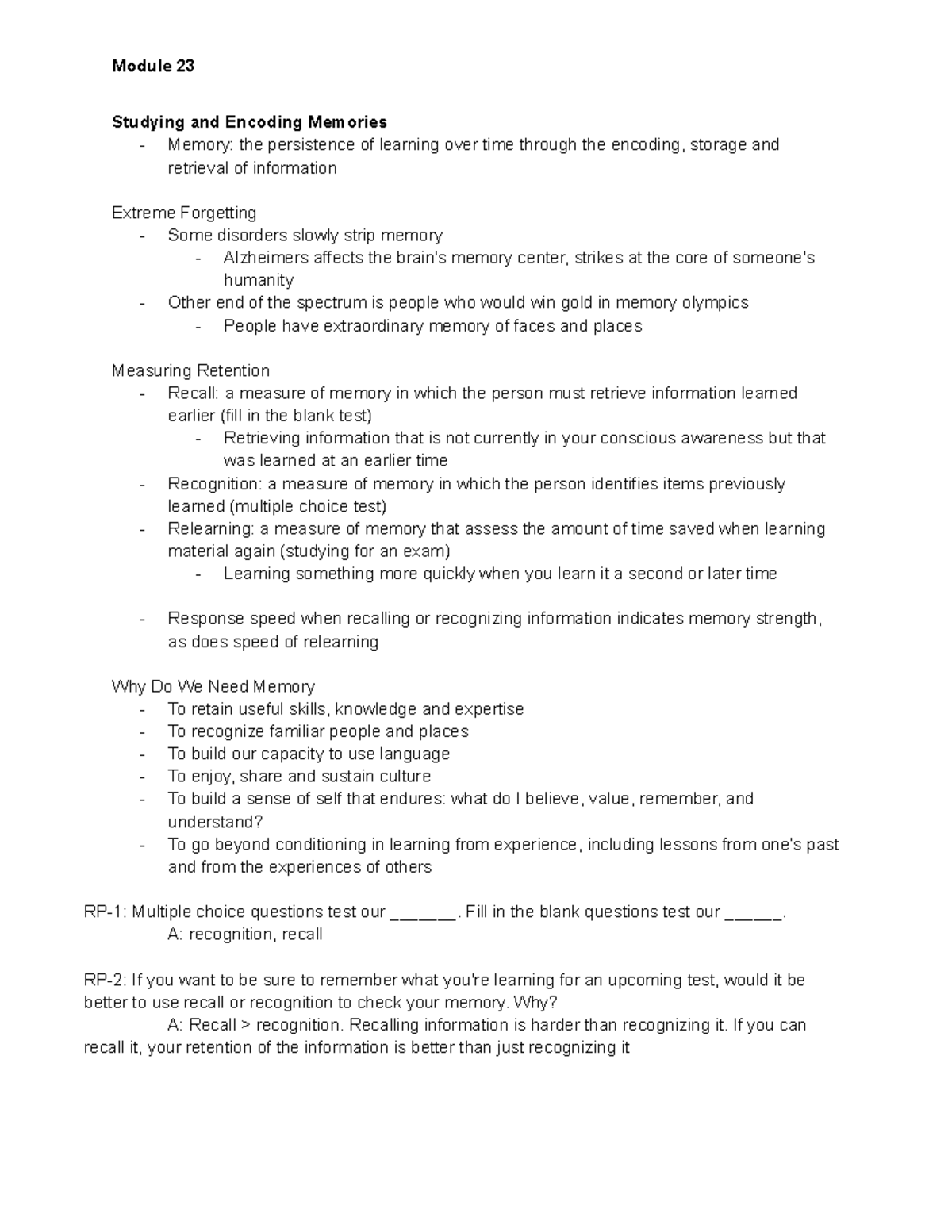 Psych Module 23 - Studying and Encoding Memories - Memory: the ...