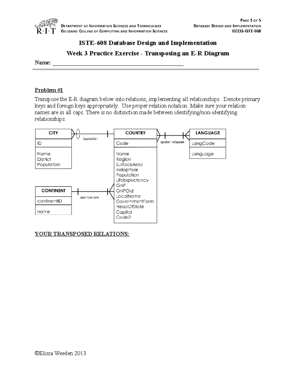 Week 3 Practice Exercise - DEPARTMENT OF INFORMATION SCIENCES AND ...
