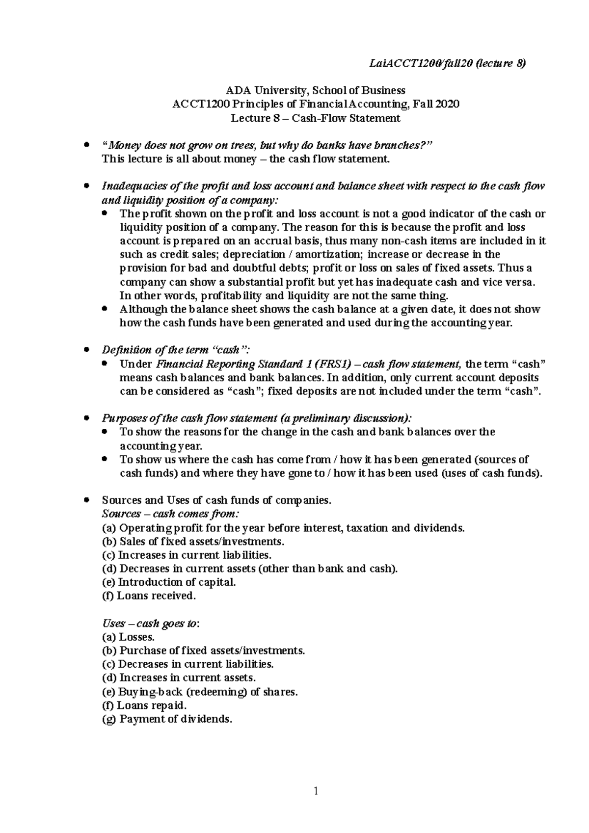 ACCT1200(Fall 20) Lecture & Tutorial 8 Cash Flow Statement - Financial ...