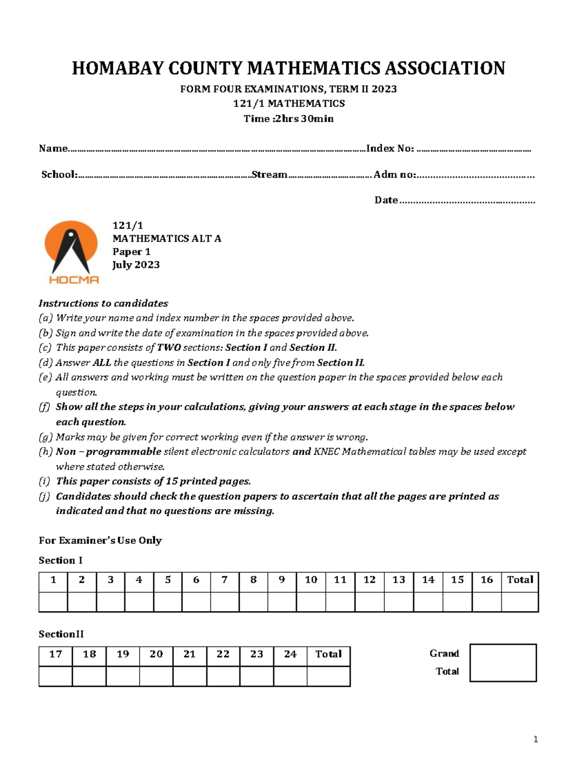 2023 T2 Hocma P1 FORM 4 - Materials - HOMABAY COUNTY MATHEMATICS ...