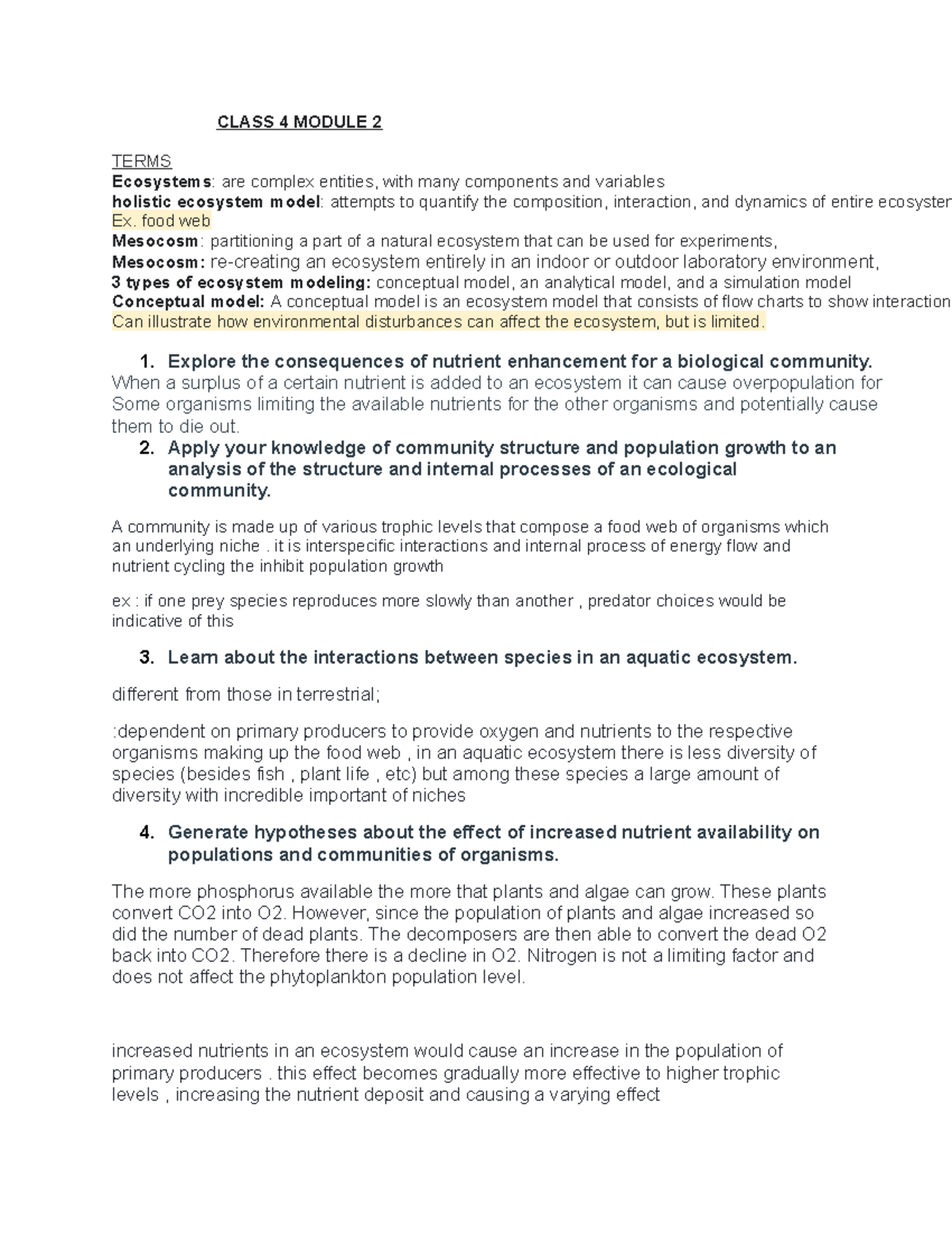 Bio module 2 - Eva horne - CLASS 4 MODULE 2 TERMS Ecosystems: are ...