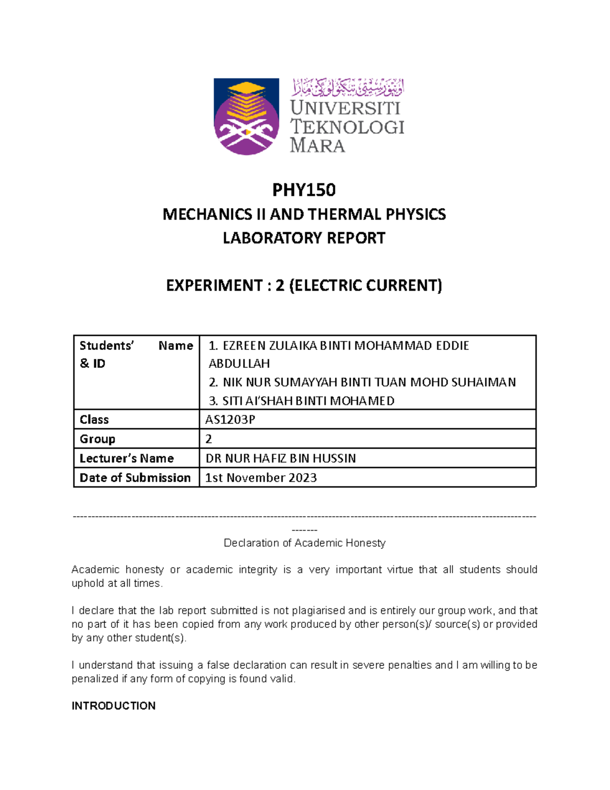 PHY150 LAB Report EXP 2 - PHY MECHANICS II AND THERMAL PHYSICS LABORATORY REPORT EXPERIMENT : 2 ...