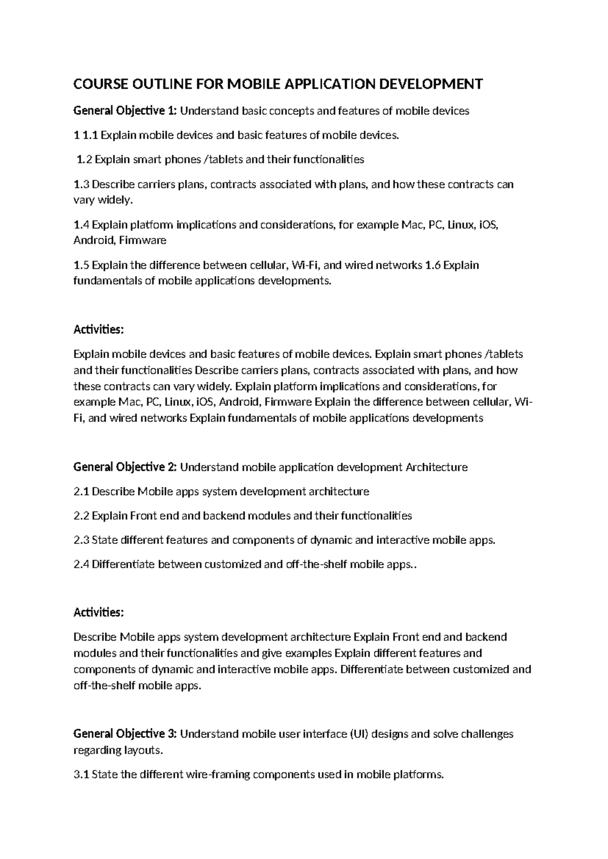 Course Outline - Mobile App Dev - COURSE OUTLINE FOR MOBILE APPLICATION ...