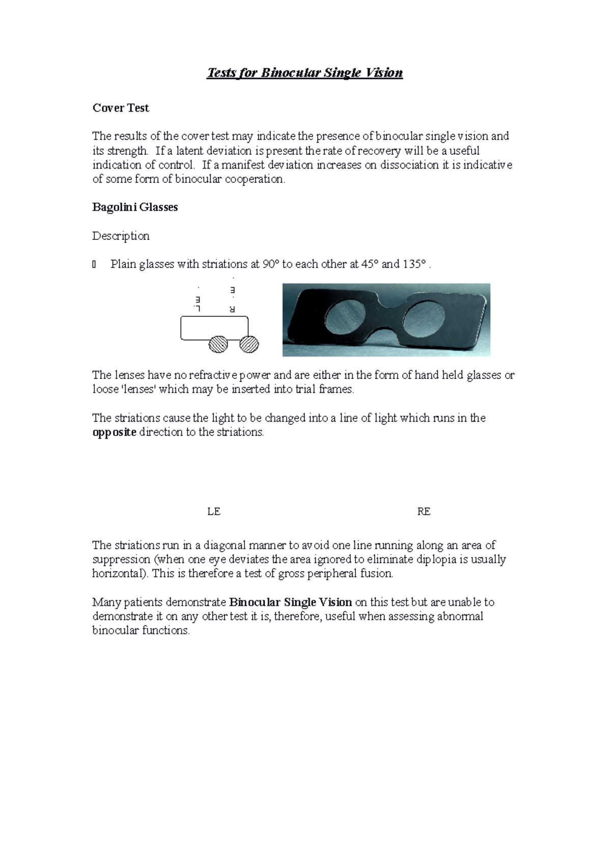 BSV TEST 2022 - Work - Tests for Binocular Single Vision Cover Test The ...
