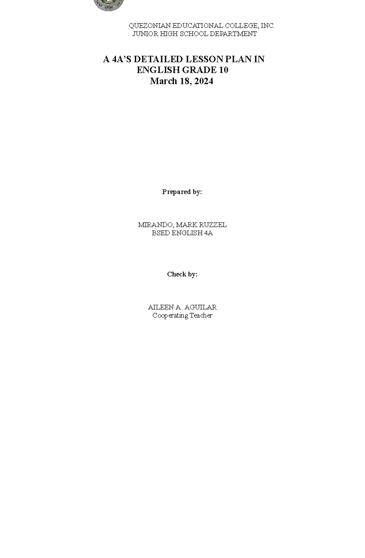 Week 7 Parallel Structure - JUNIOR HIGH SCHOOL DEPARTMENT A 4A’S ...