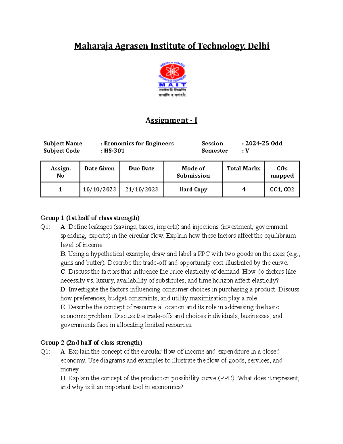 Assignment 1 Eco - Maharaja Agrasen Institute of Technology, Delhi Assignment - I Subject Name ...