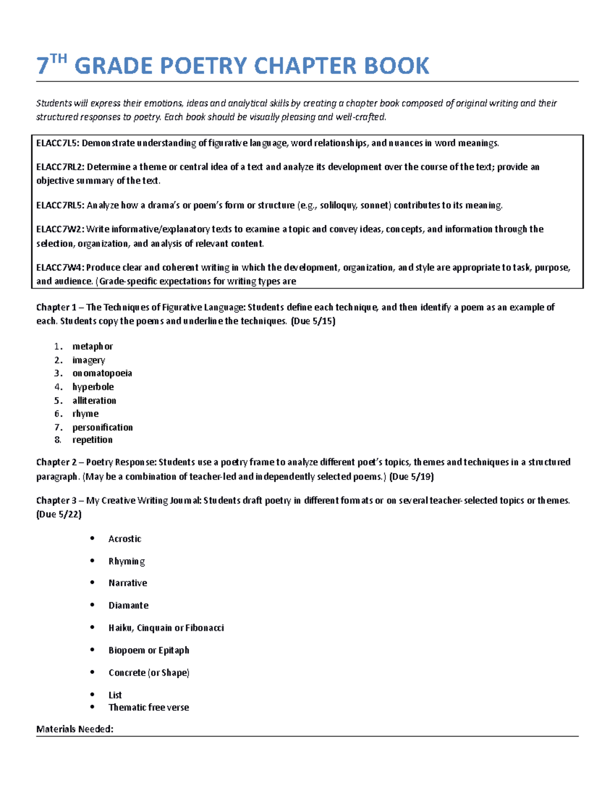 7th Grade Poetry Chapter Book - 7 TH GRADE POETRY CHAPTER BOOK Students ...