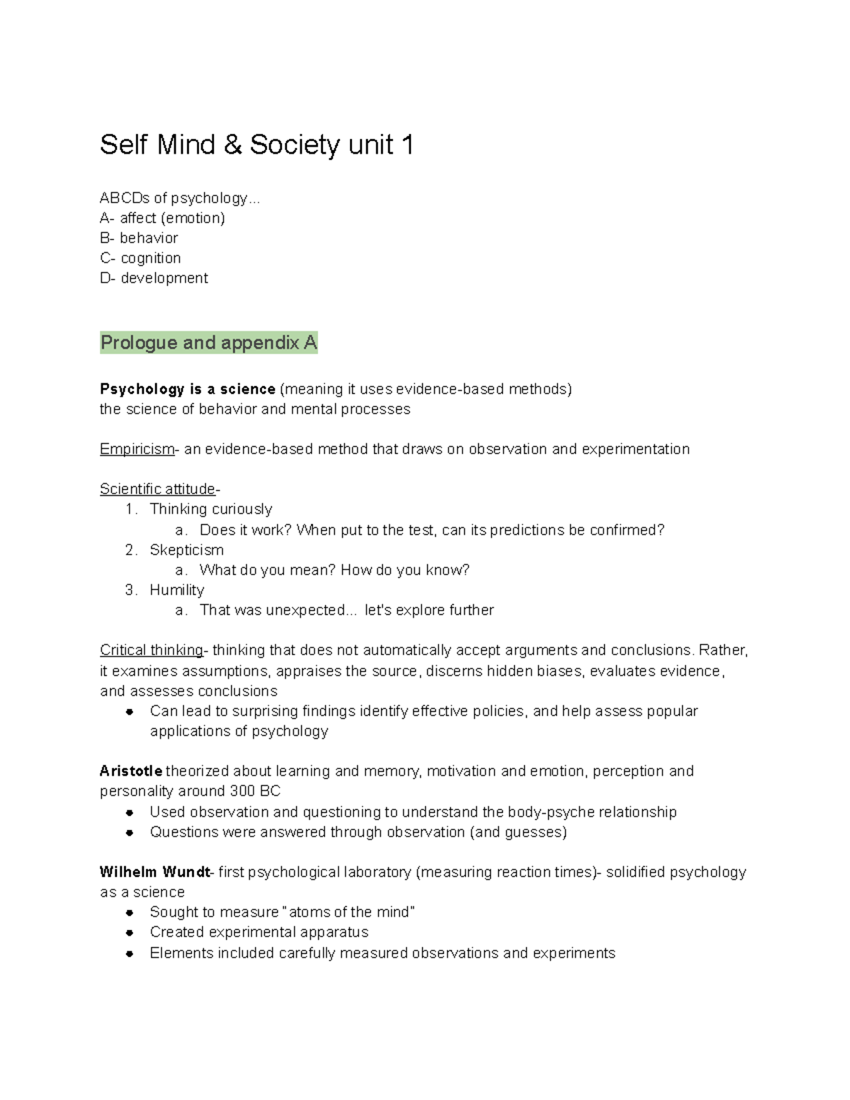 Self Mind Society Prologue and Appendix A - Self Mind & Society unit 1 ...