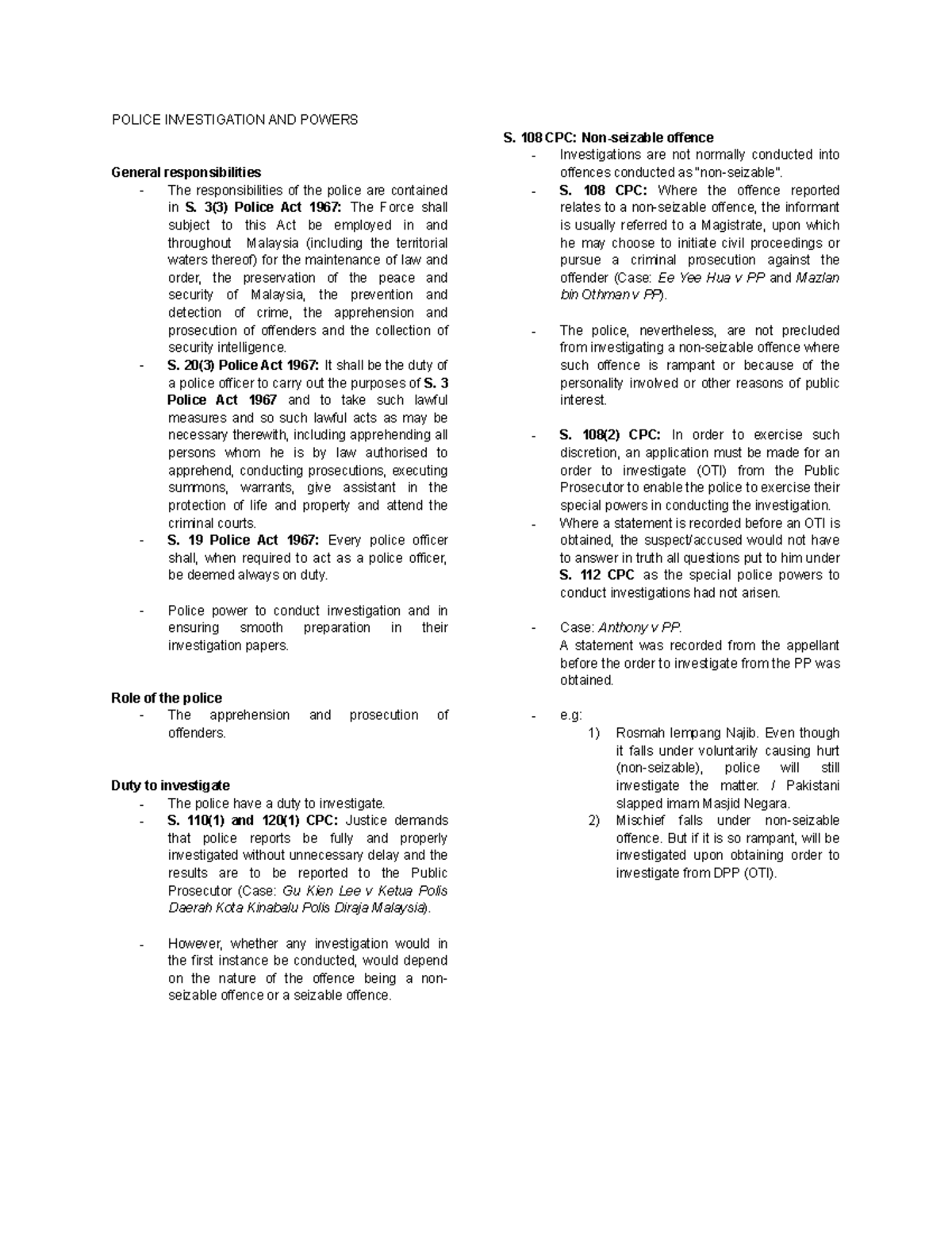 2. Investigation notes cpc - POLICE INVESTIGATION AND POWERS General ...