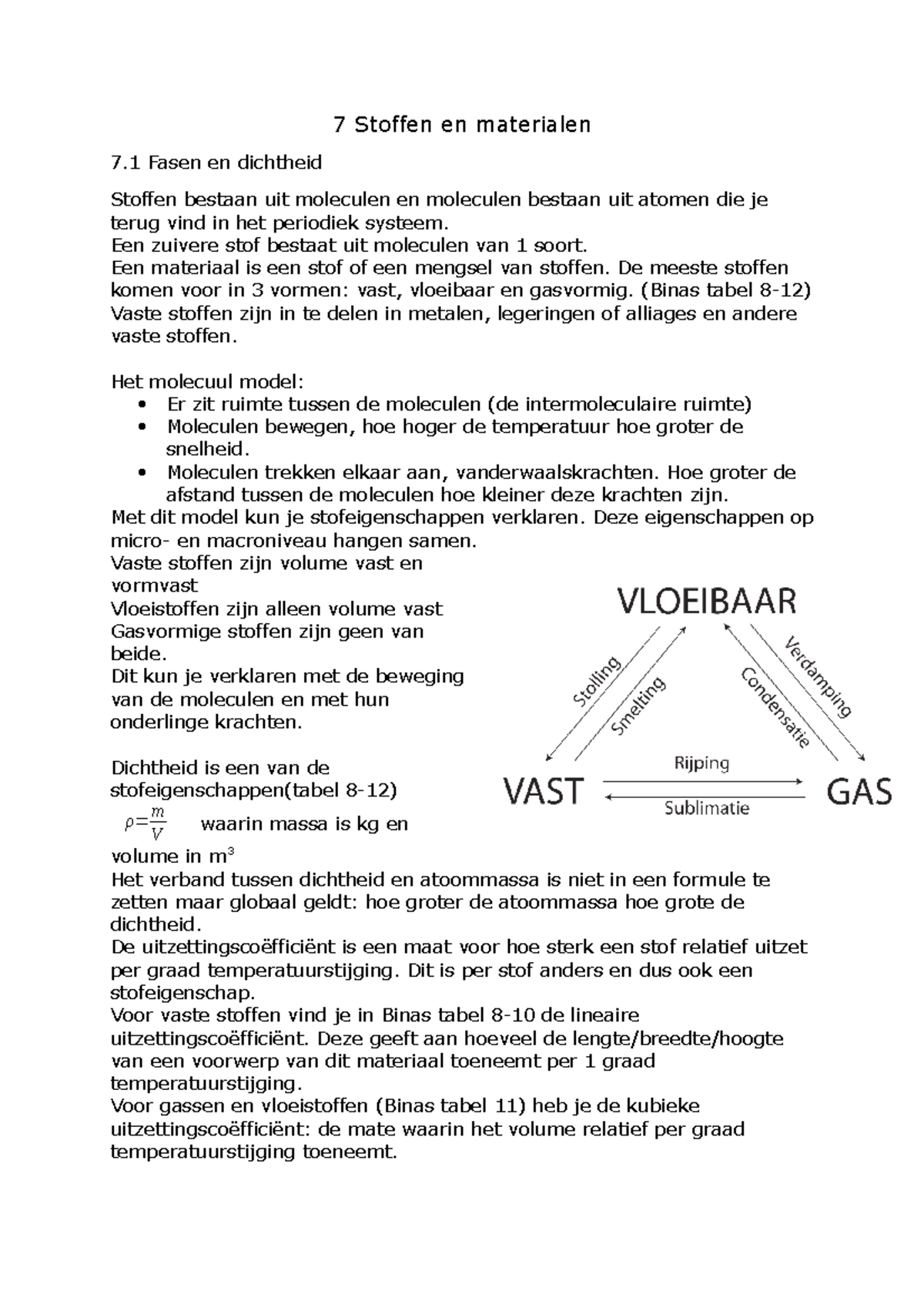 Samenvatting hoofdstuk 7 - 7 Stoffen en materialen 7 Fasen en dichtheid ...