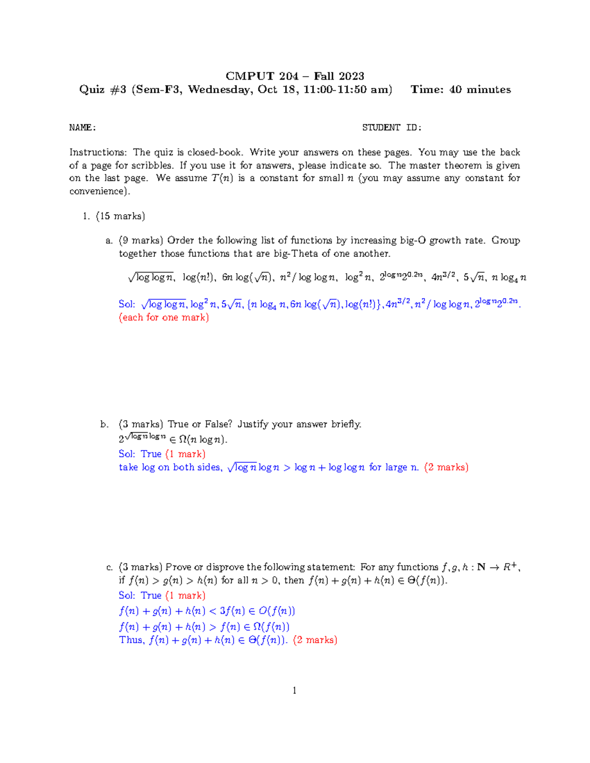 Quiz #3 (SEM-F3 Solution)-updated - CMPUT 204 – Fall 2023 Quiz #3 (Sem-F3, Wednesday, Oct 18 ...