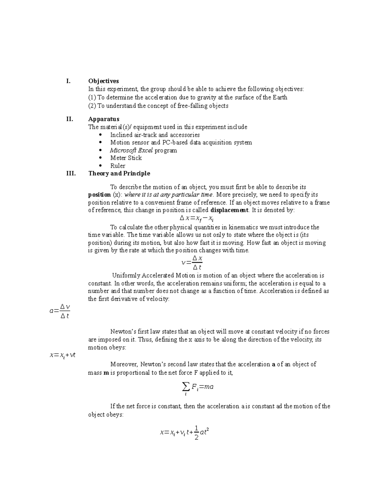 Acceleration due to Gravity - I. Objectives In this experiment, the ...