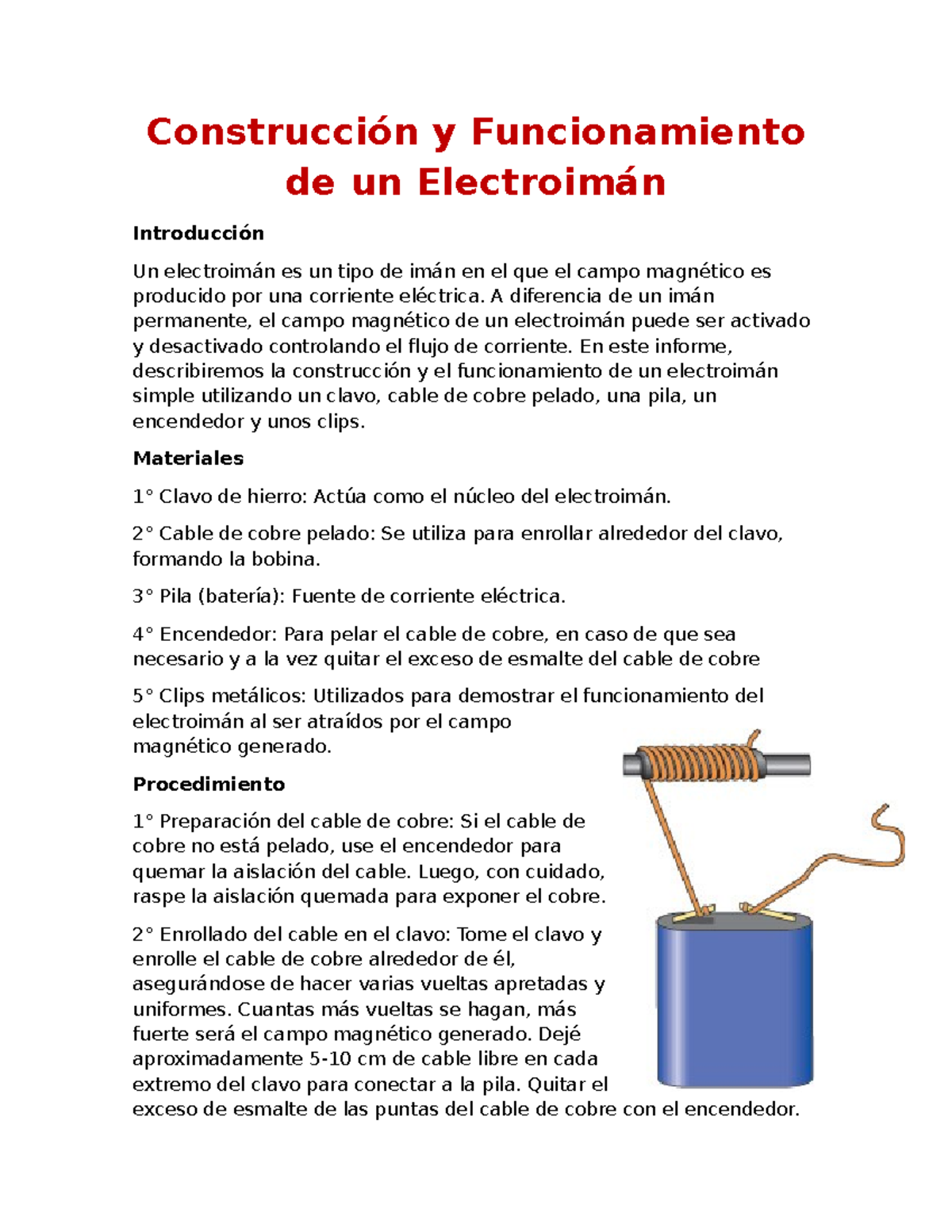 Informe de electroimán - Construcción y Funcionamiento de un ...