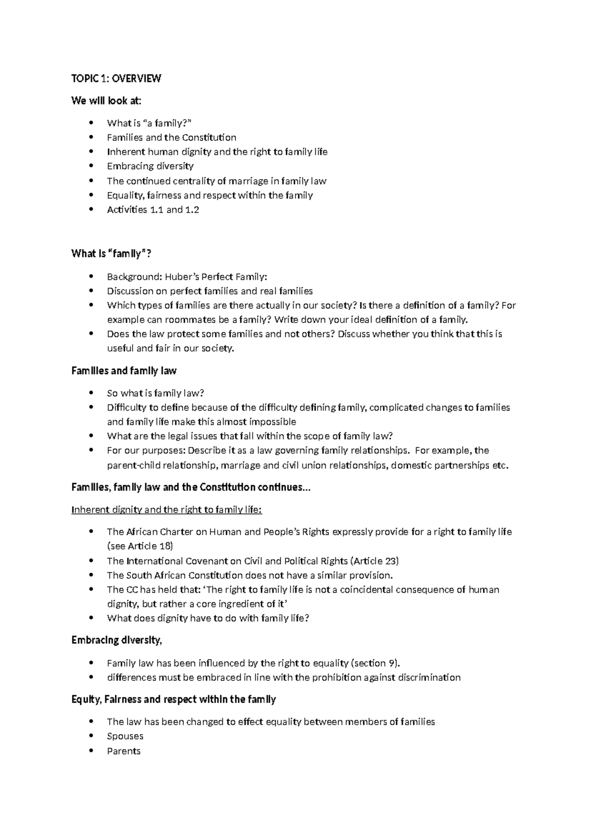 Fam Law Topic 1 Lecture and Textbook notes - TOPIC 1: OVERVIEW We will ...
