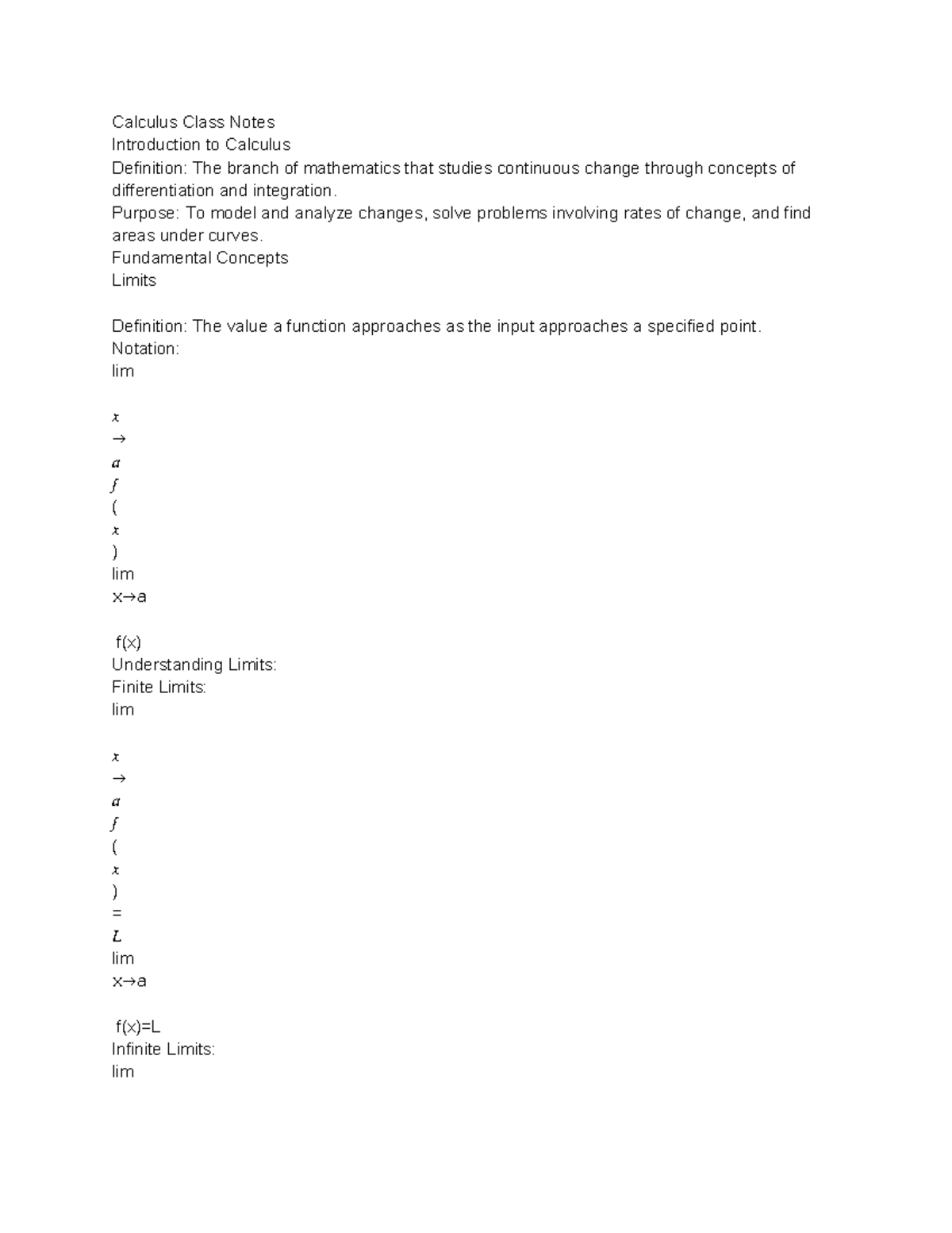 Calculus Class Notes Calculus Class Notes Introduction To Calculus