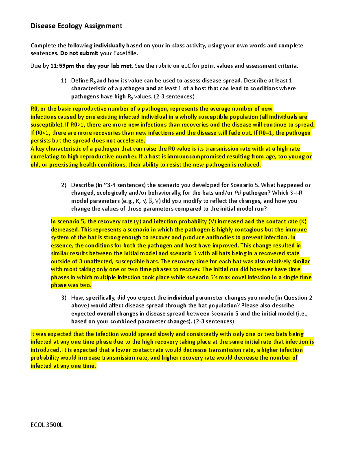 Disease Ecology Assignment - Disease Ecology Assignment Complete the ...