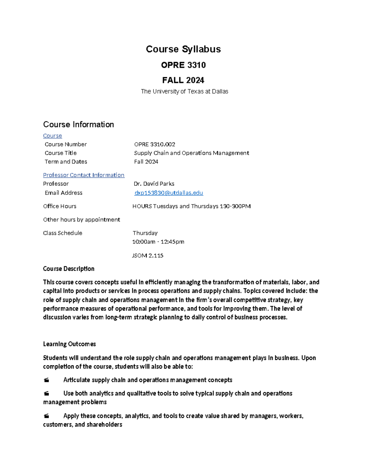 Syllabus OPRE3310.002~F24~08.13.24 Course Syllabus - Course Syllabus OPRE 3310 FALL 2024 The ...