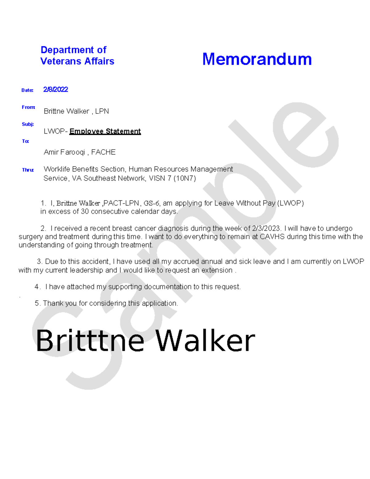 Sample Employee Statement - Department of Veterans Affairs Memorandum ...