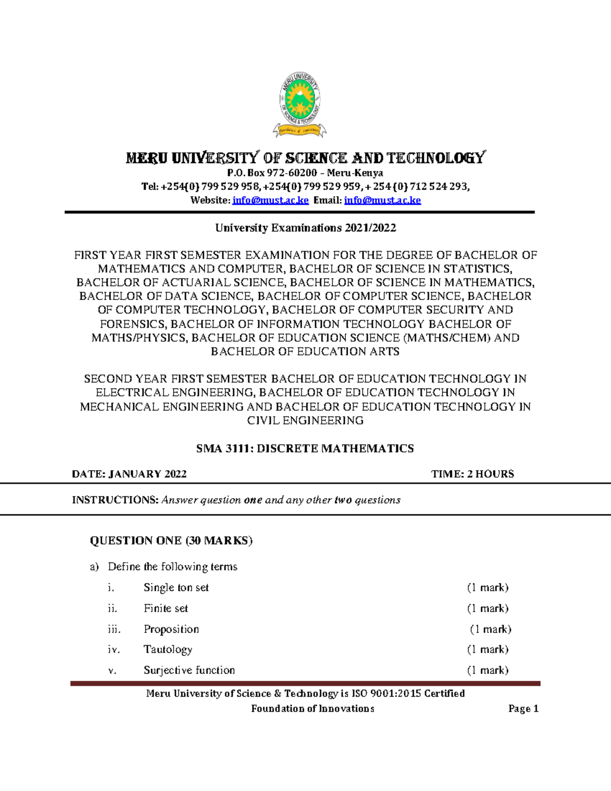 Discrete math - Meru University of Science & Technology is ISO 9001: ...