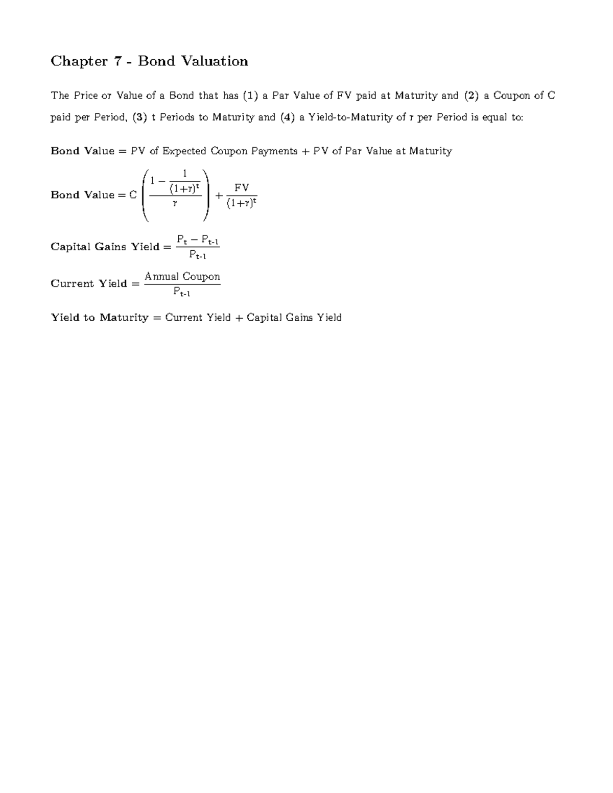 Valuation Exam Formulas-1 - Chapter 7 - Bond Valuation The Price or ...