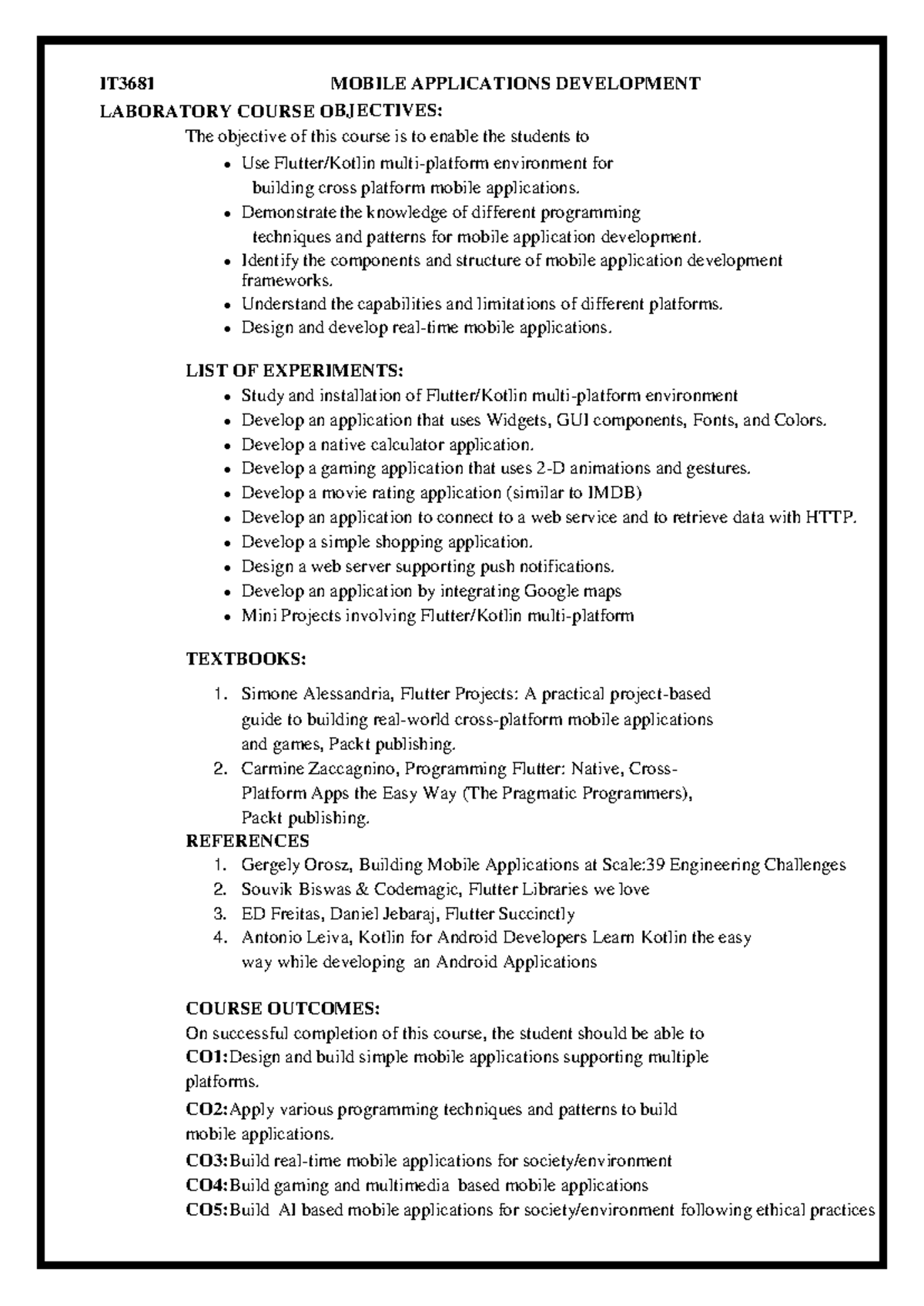 MAD Lab manual - spisfjag,ljzd - IT3681 MOBILE APPLICATIONS DEVELOPMENT LABORATORY COURSE - Studocu