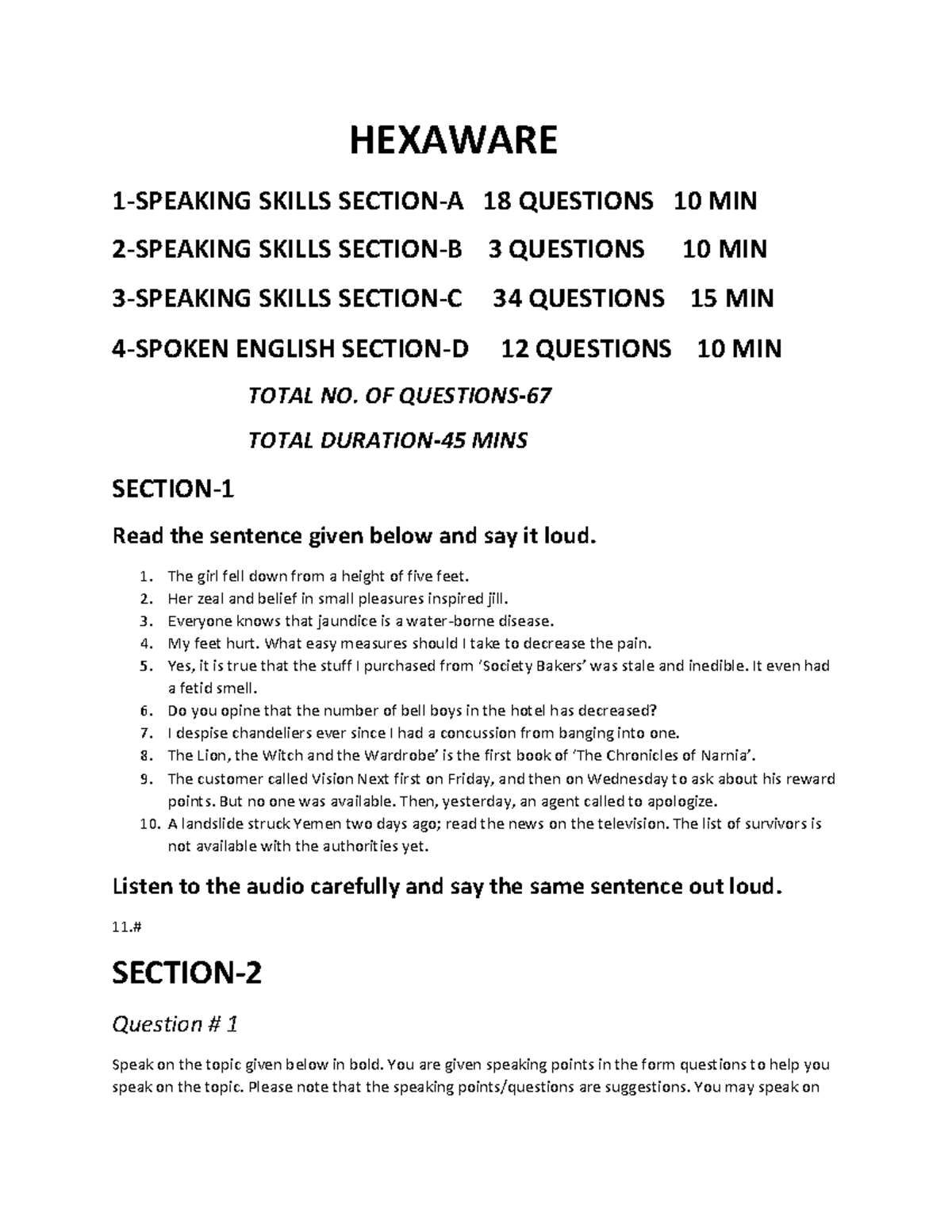 Speaking Test Hexaware - HEXAWARE 1 - SPEAKING SKILLS SECTION-A 18 ...
