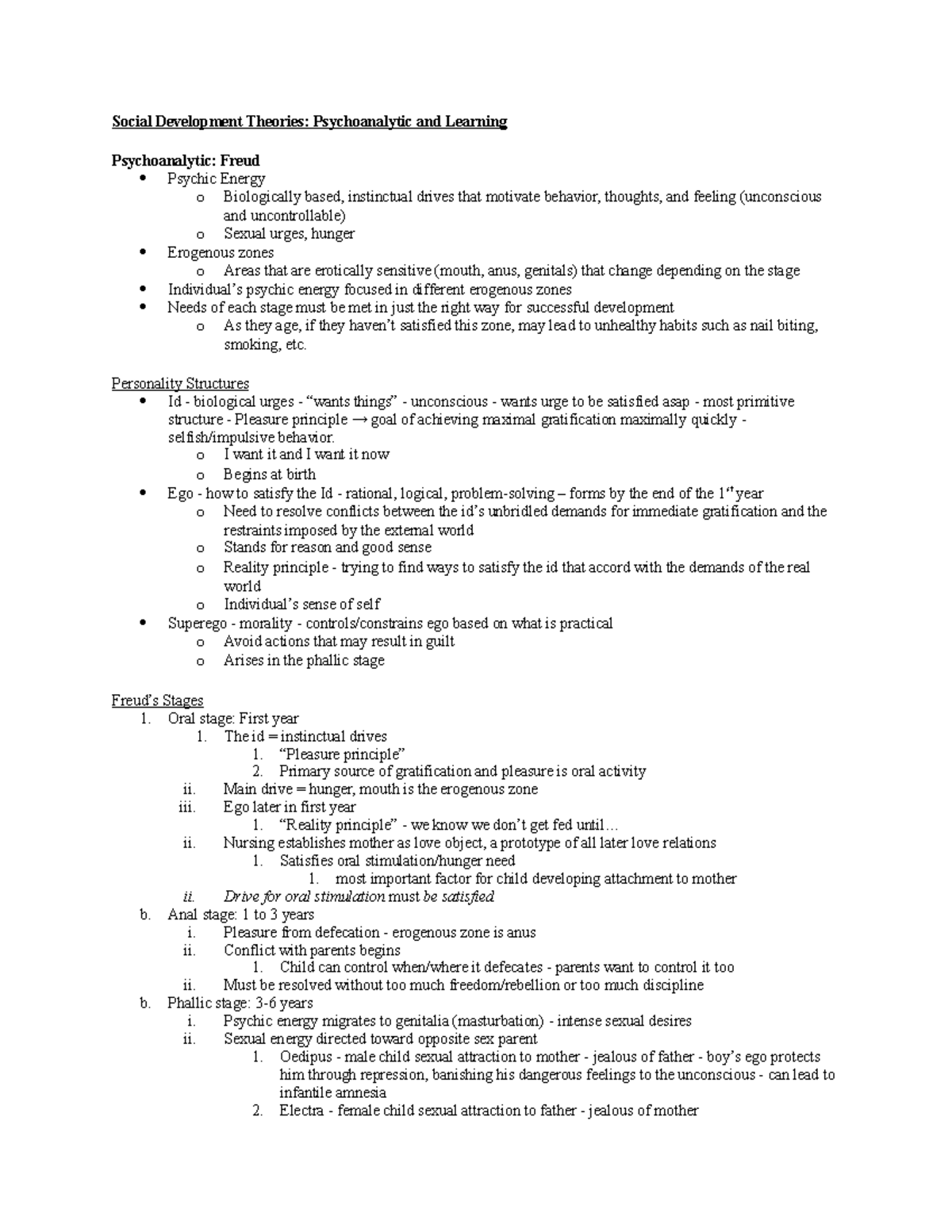Exam 3 Notes- Dev Psy - Social Development Theories: Psychoanalytic and ...