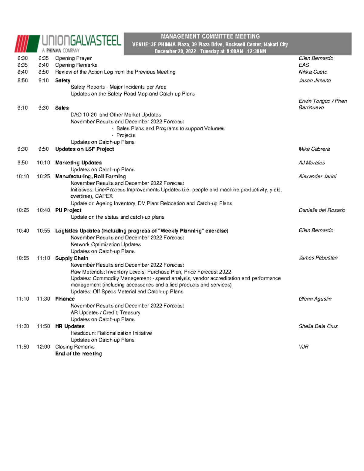 December 2022 UGC Mancom Agenda - 8:30 8:35 Opening Prayer Ellen Bernardo 8:35 8:40 EAS 8:40 8: ...