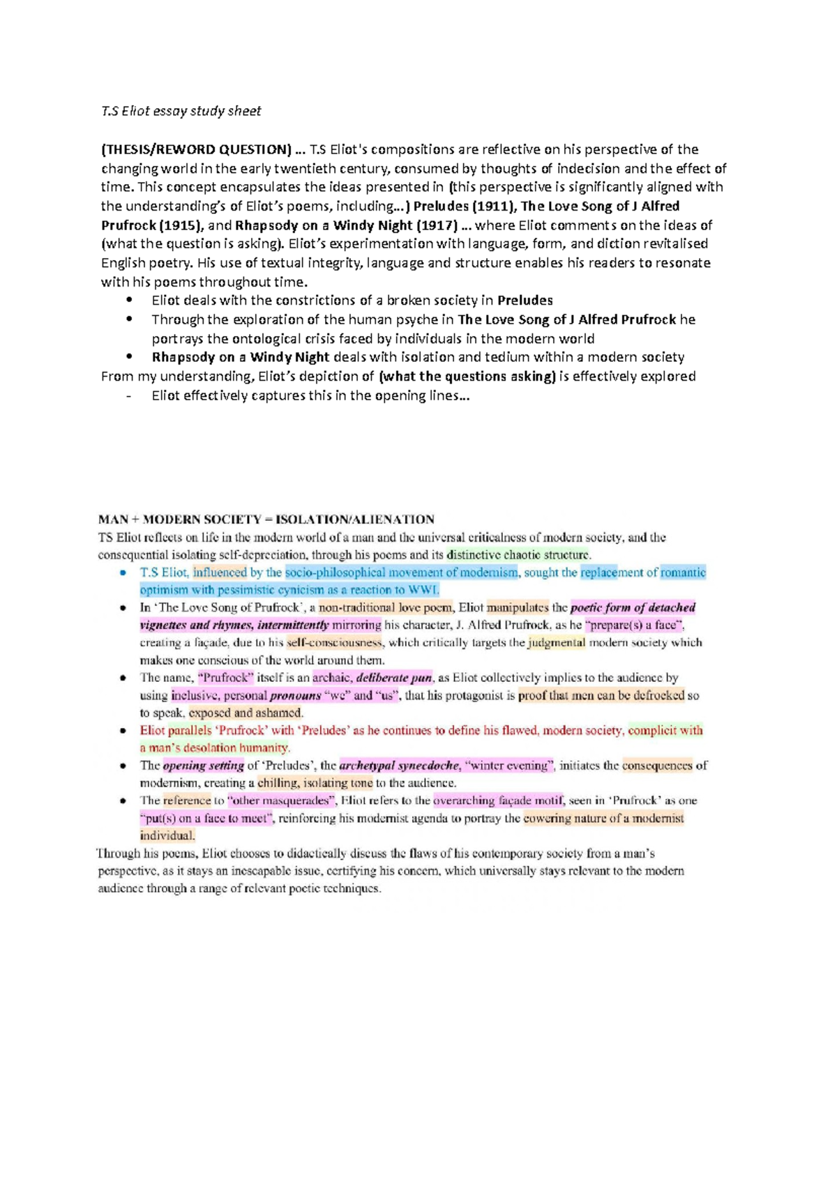 Ts eliot essay notes - T Eliot essay study sheet (THESIS/REWORD ...