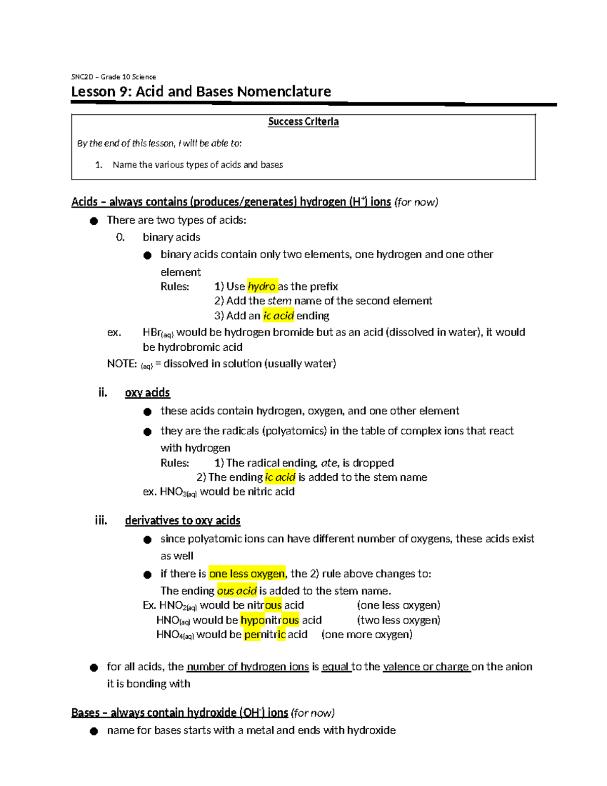 9 Naming Acids and Bases - SNC2D – Grade 10 Science Lesson 9: Acid and ...