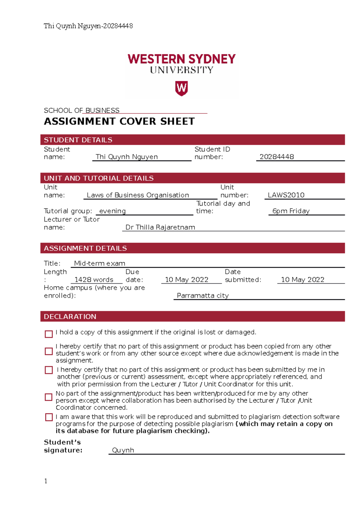 Mid-term exam LOBO - 68% - SCHOOL OF BUSINESS ASSIGNMENT COVER SHEET ...
