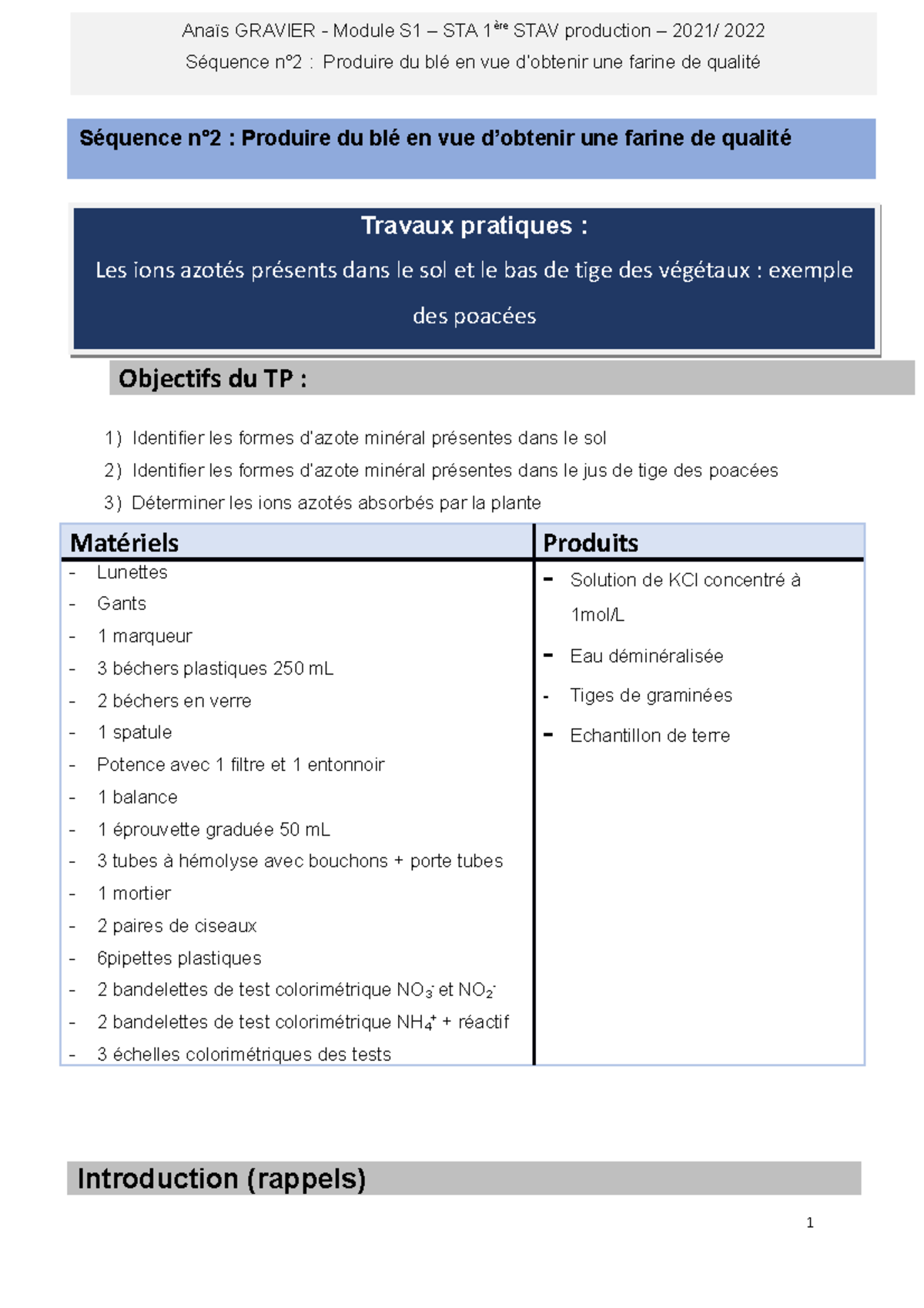 Séquence n°2- S1-TP forme azote - Objectifs du TP : Identifier les ...