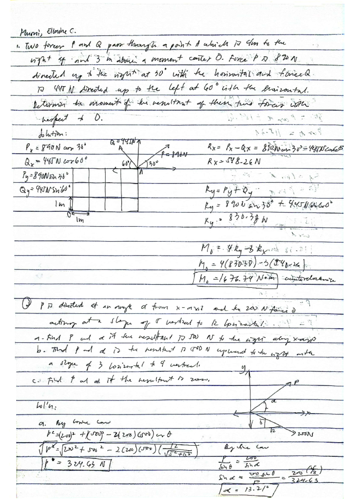 Musni 1ST EXAM Seatwork - Mumi, Ellouhe C. 1. Two forcer P and Q pass ...