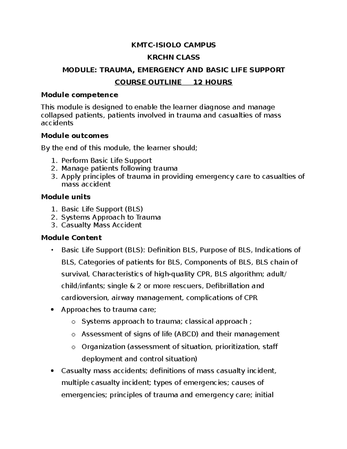 Trauma, Emergency & BLS - KMTC-ISIOLO CAMPUS KRCHN CLASS MODULE: TRAUMA ...