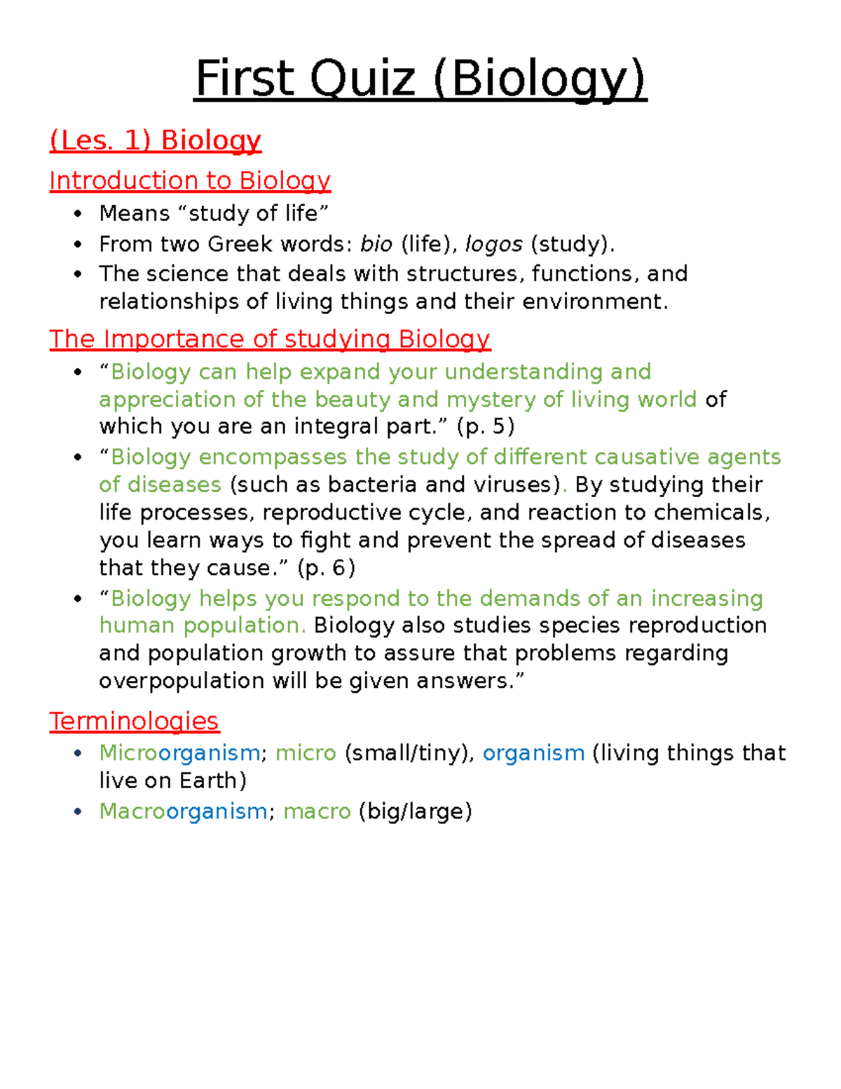 First Quiz in Biology - First Quiz (Biology) (Les. 1) Biology ...