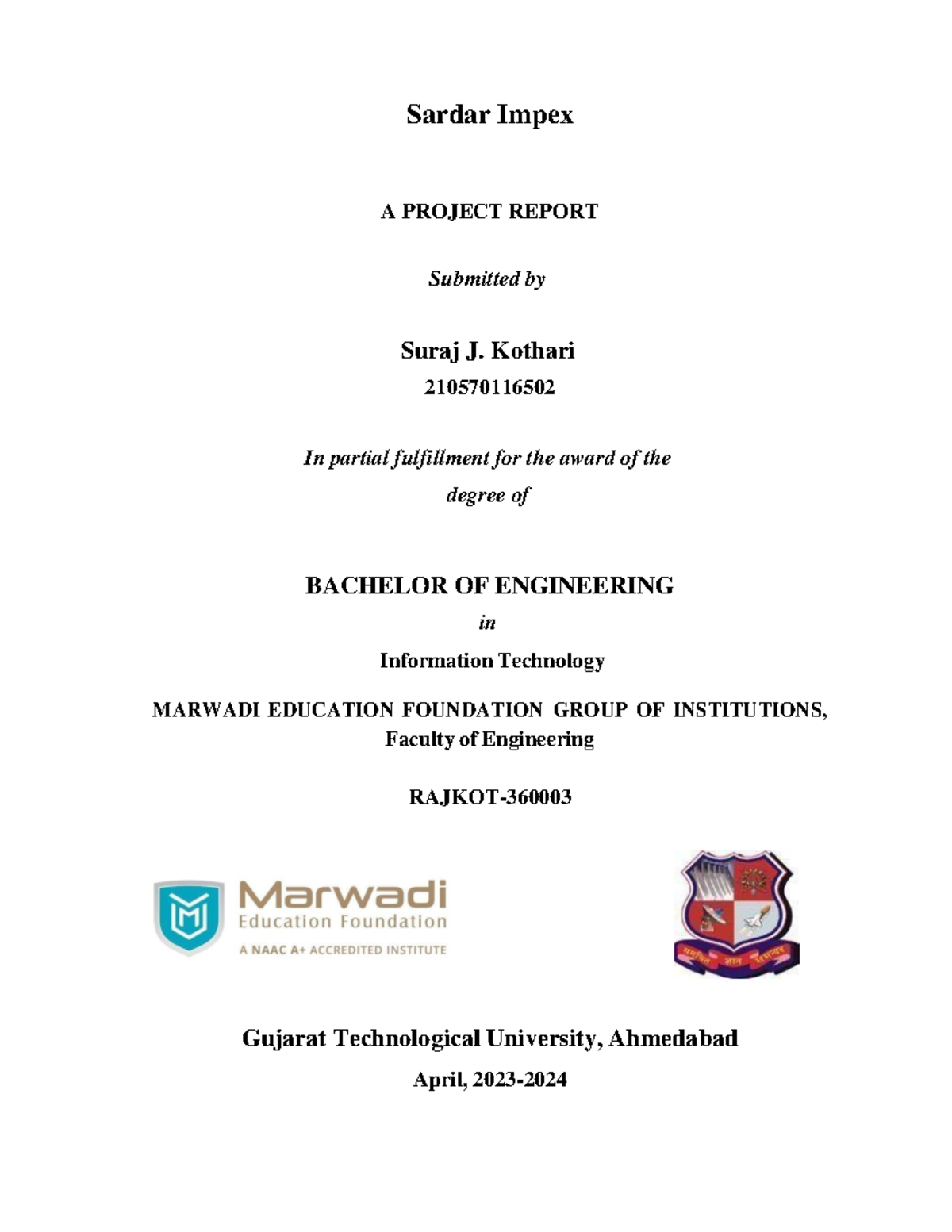 8th sem report for you - Sardar Impex A PROJECT REPORT Submitted by ...