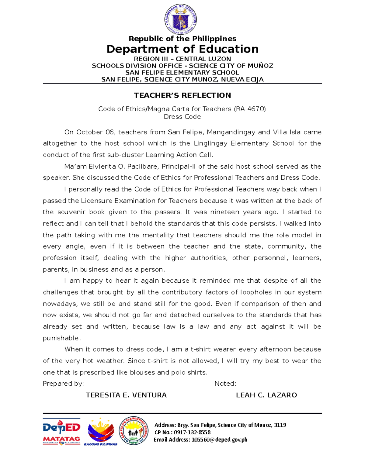 Teacher's Reflection on LAC Topic No. 1 - Republic of the Philippines ...