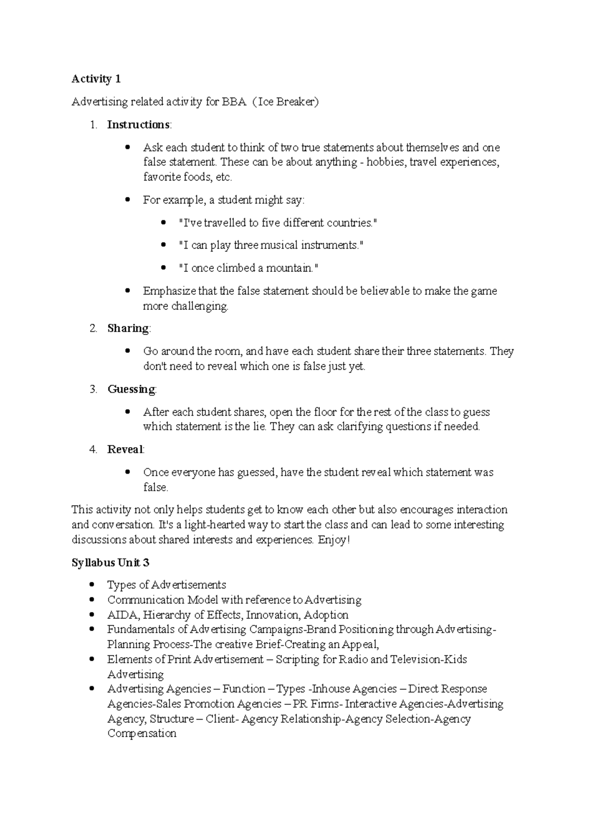 Introduction and Unit 1 day 1 - Activity 1 Advertising related activity ...