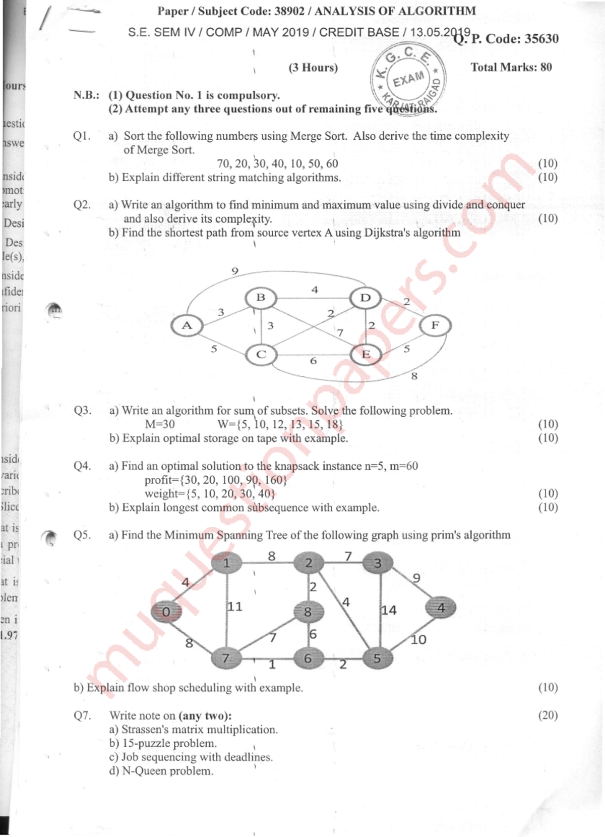 Se Comps Sem4 Aoa May19 Paper Subject Code 38902 Analysis Of Algorithm S Sem Iv Comp May