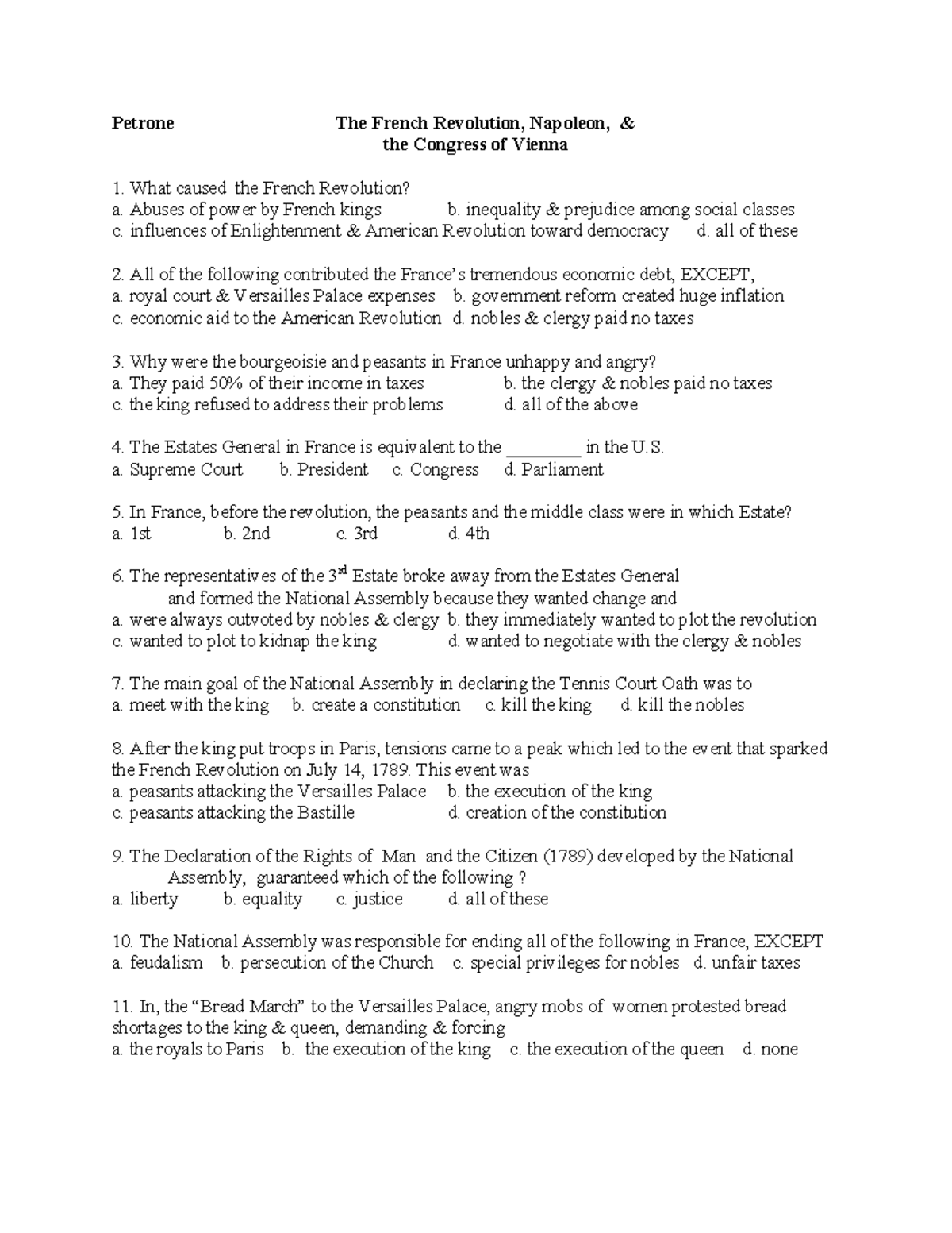 Unit3French Rev Napoleon Vienna Congress Test - Petrone The French ...