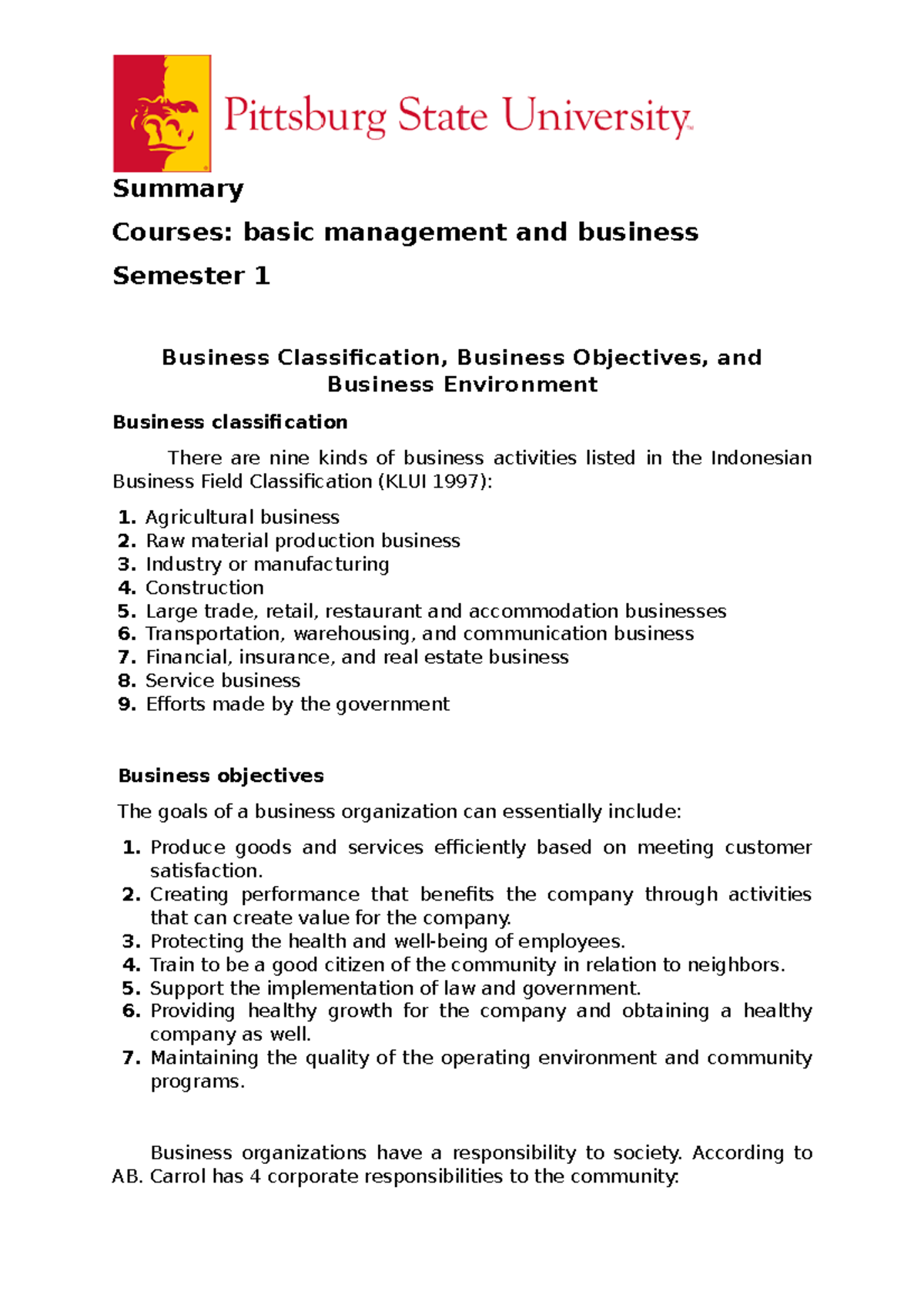 Summary of Business Classification, Business Objectives, and Business ...