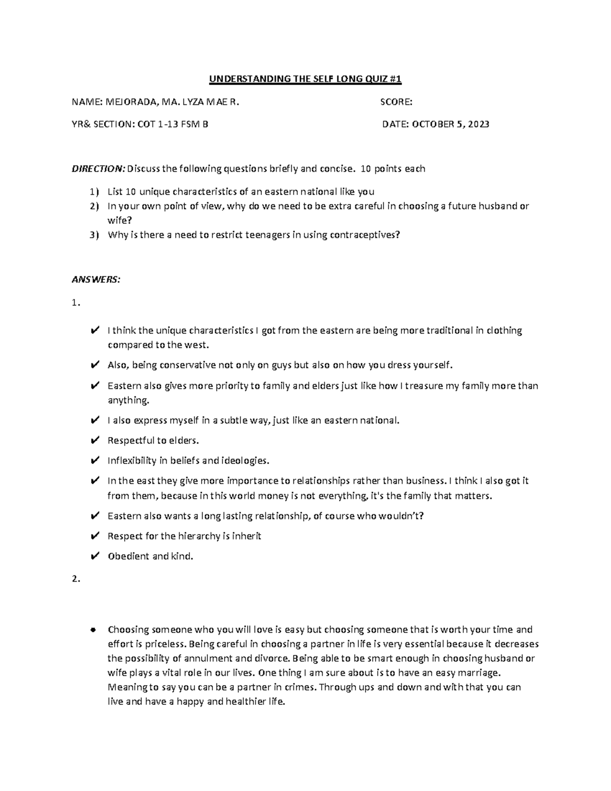 Understanding THE SELF LONG QUIZ- Mejorada - UNDERSTANDING THE SELF ...