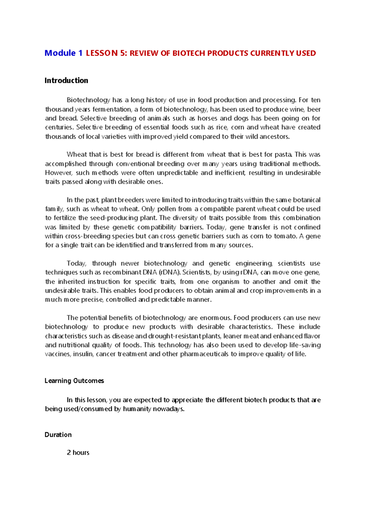 Module 1 Lesson 5 Review of Biotech Products Currently Used - Module 1 ...