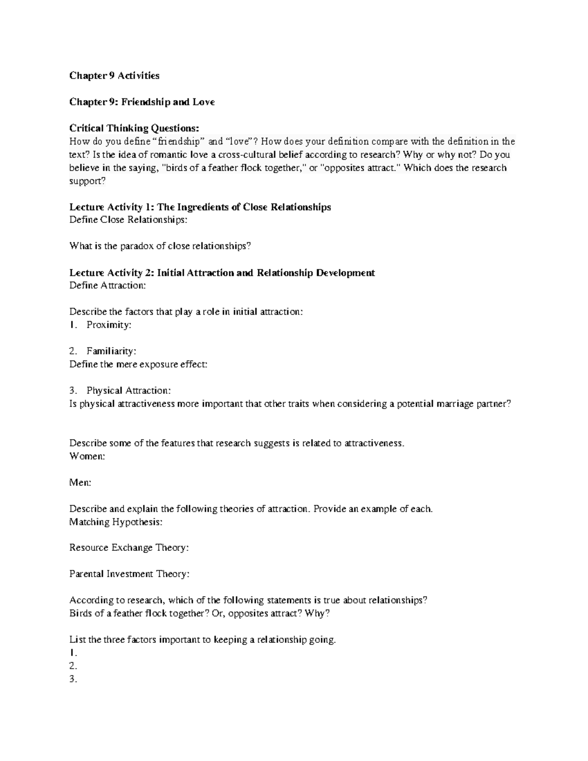 Ch. 9 Activities-1 - Activitiy sheet of chapter 9: friendship and love ...