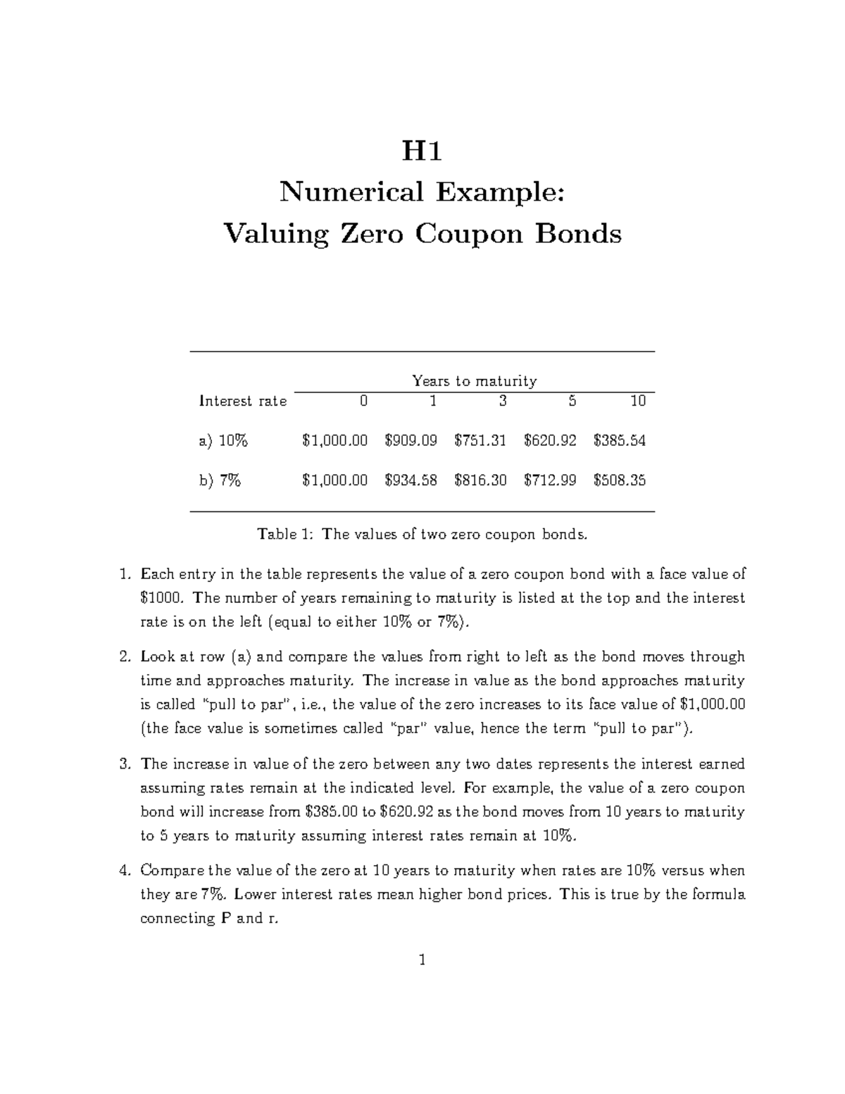 Handout 1 - Zero coupon bonds - H Numerical Example: Valuing Zero ...