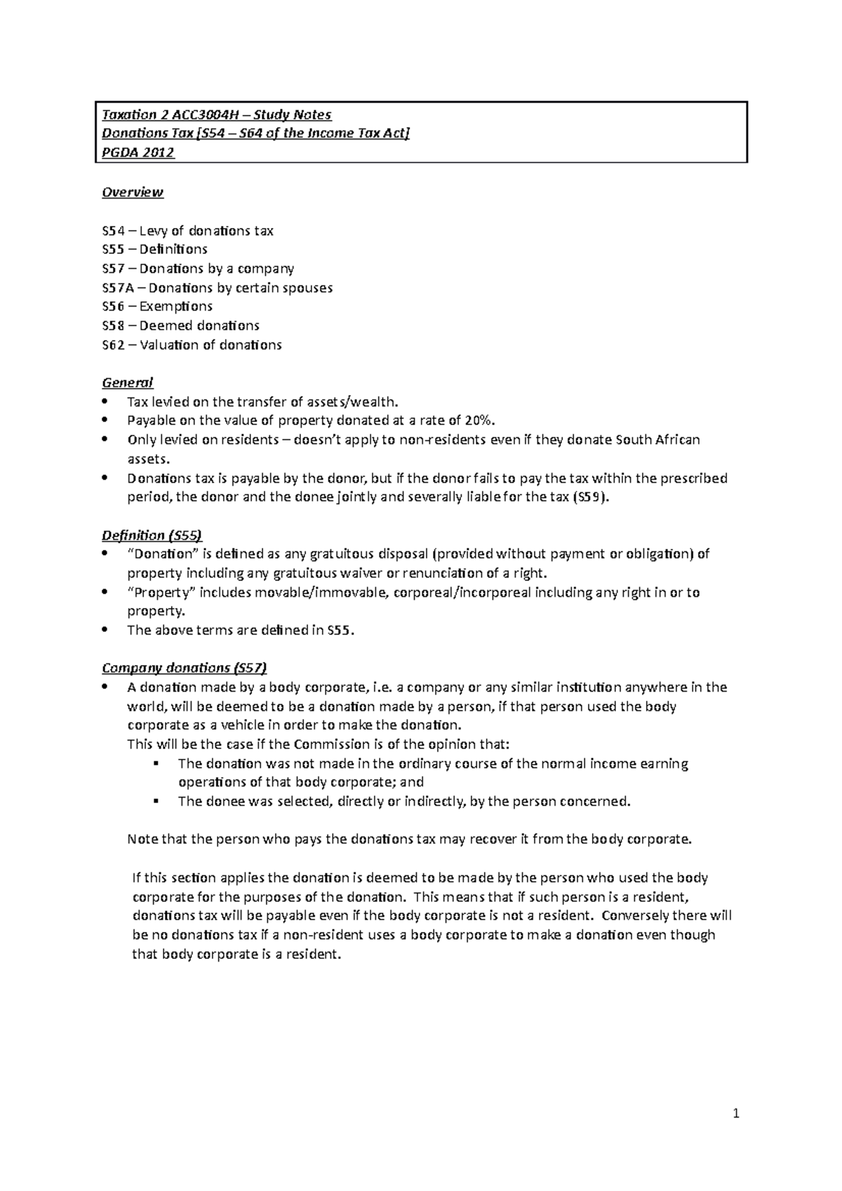 Donations Tax Study Notes - Taxation 2 ACC3004H – Study Notes Donations ...