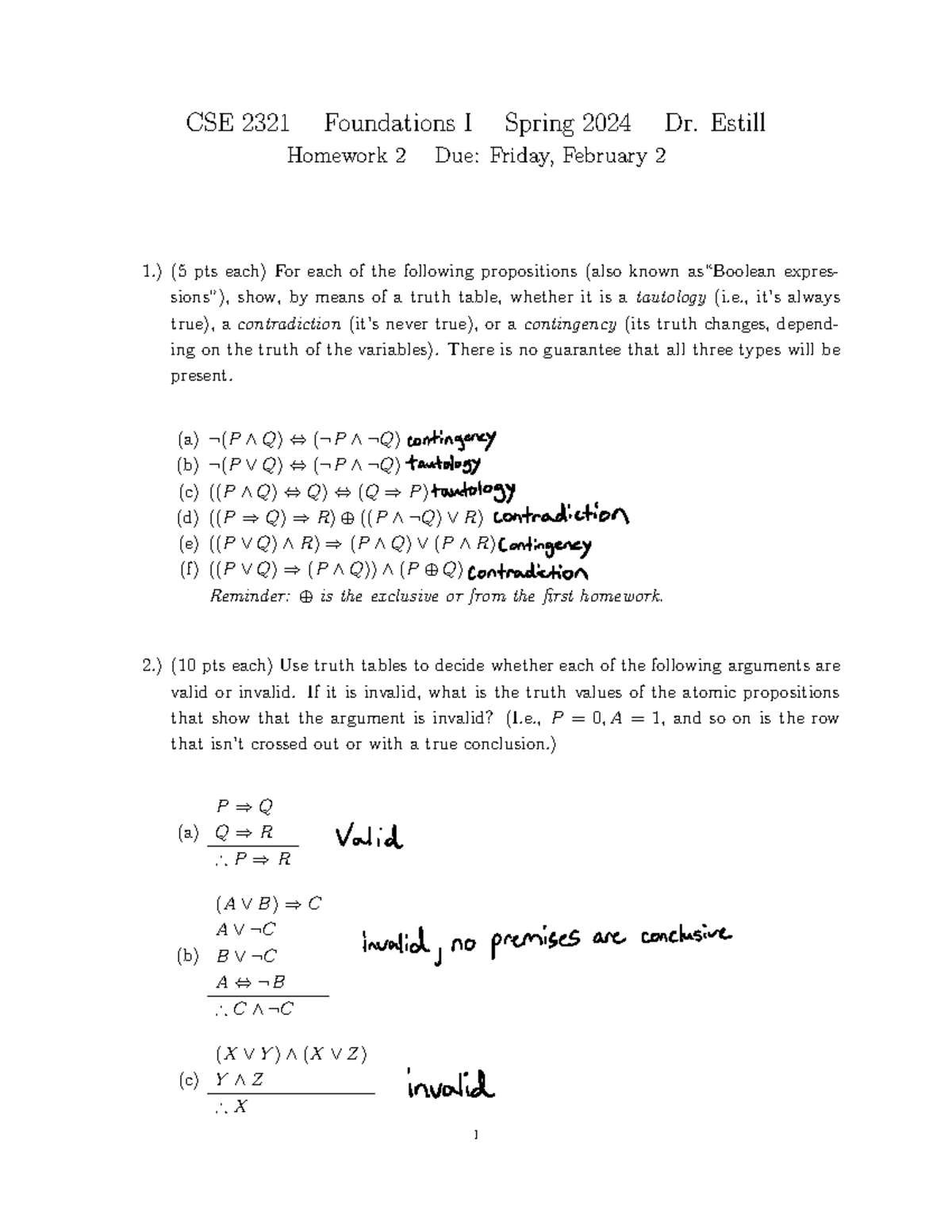 CSE2321+HW+2 - Homework 2 - CSE 2321 Foundations I Spring 2024 Dr. Estill Homework 2 Due: Friday ...