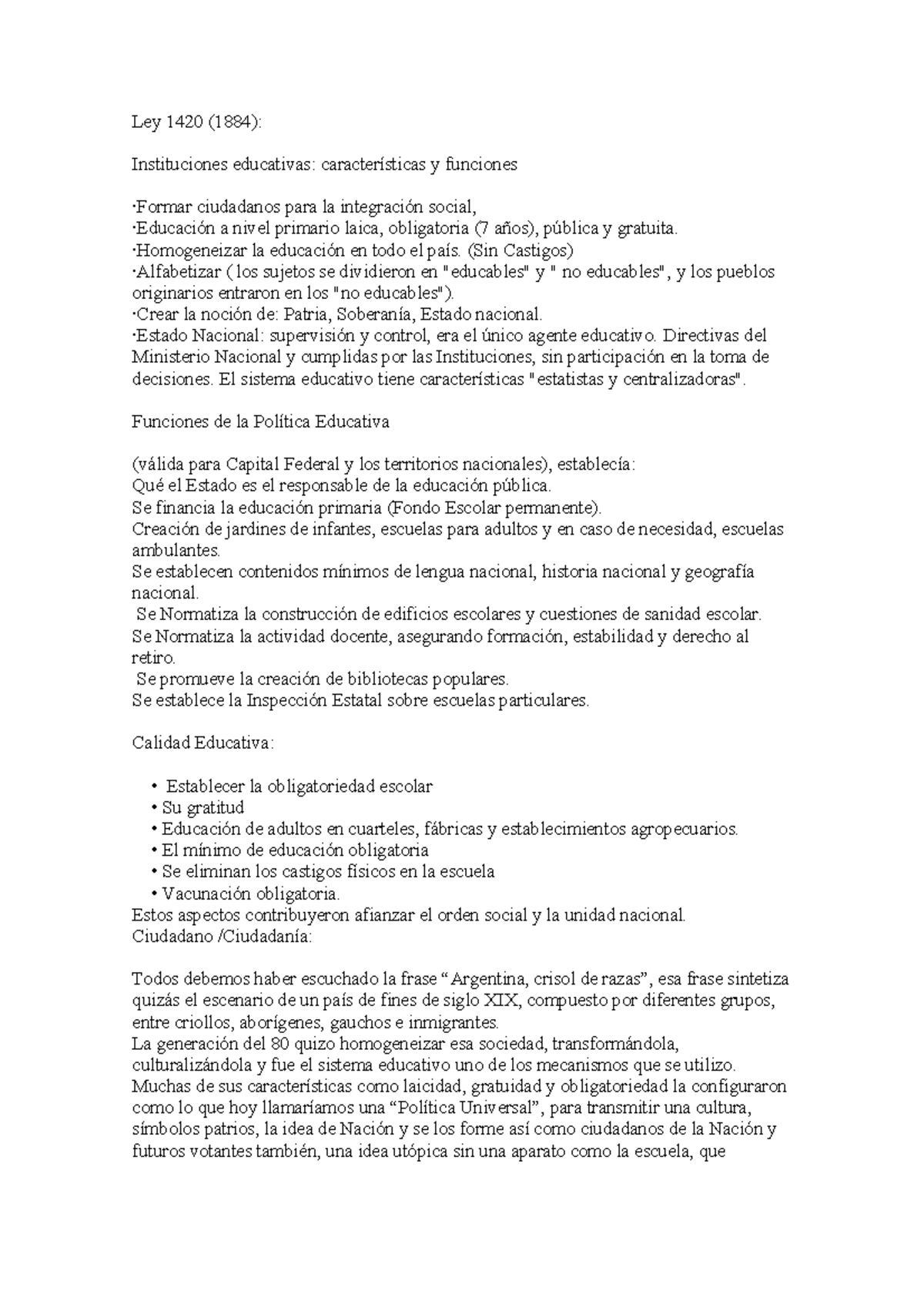 Resumen Ley-1420 - Ley 1420 (1884): Instituciones educativas ...