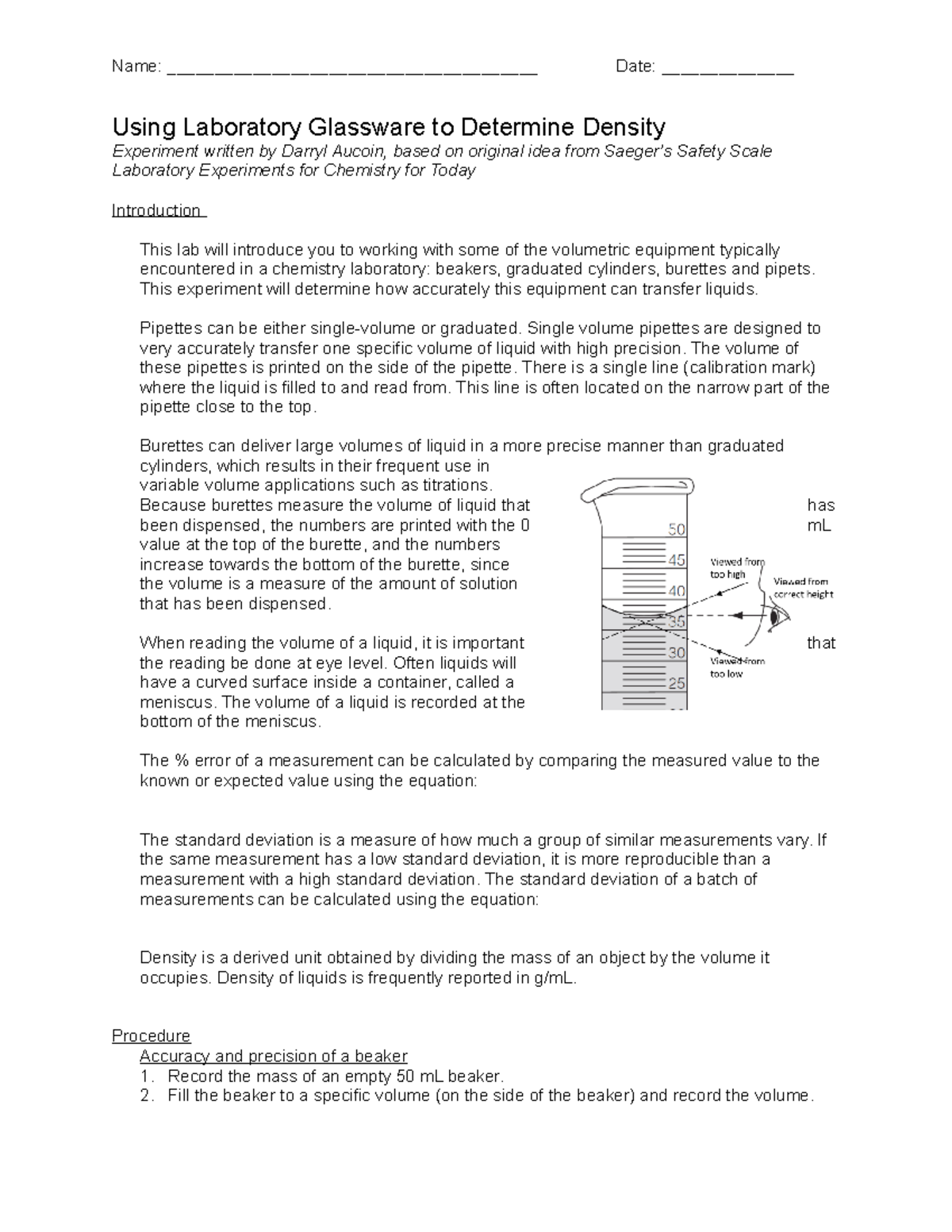 Experiment 2 - Protocol - Density and Measurements - Name