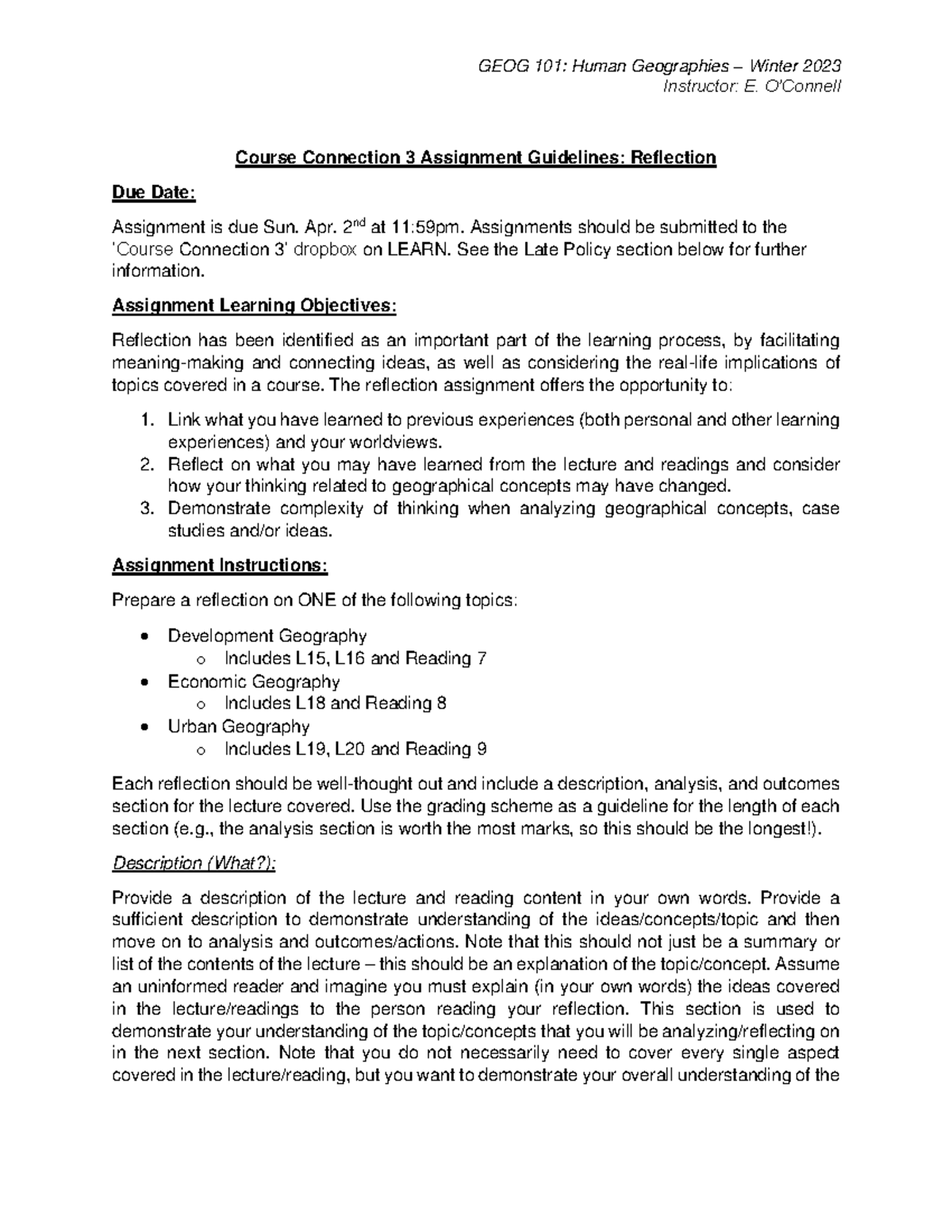 Course Connection 3 Assignment Instructions - Reflection - Instructor ...